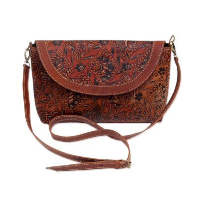 Batik Leather Sling Bag with Long Adjustable Strap - Floral Allure | NOVICA