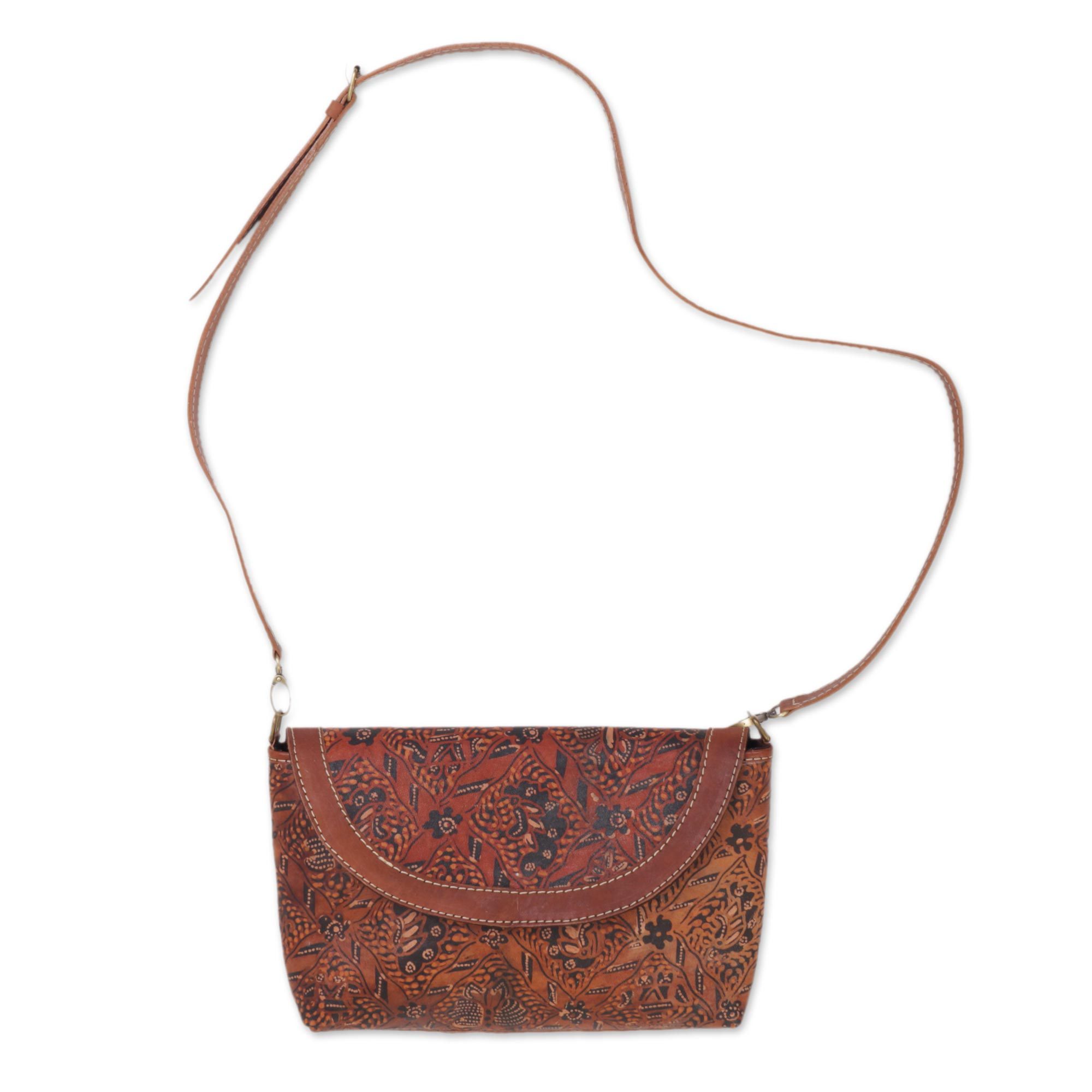 Batik Leather Sling Bag with Long Adjustable Strap - Floral Allure | NOVICA