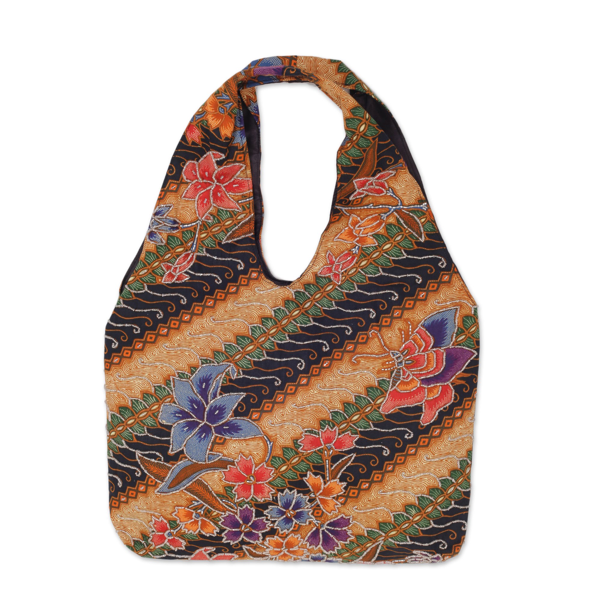 Batik Cotton Tote with Floral and Butterfly Motifs from Bali - Monarch ...