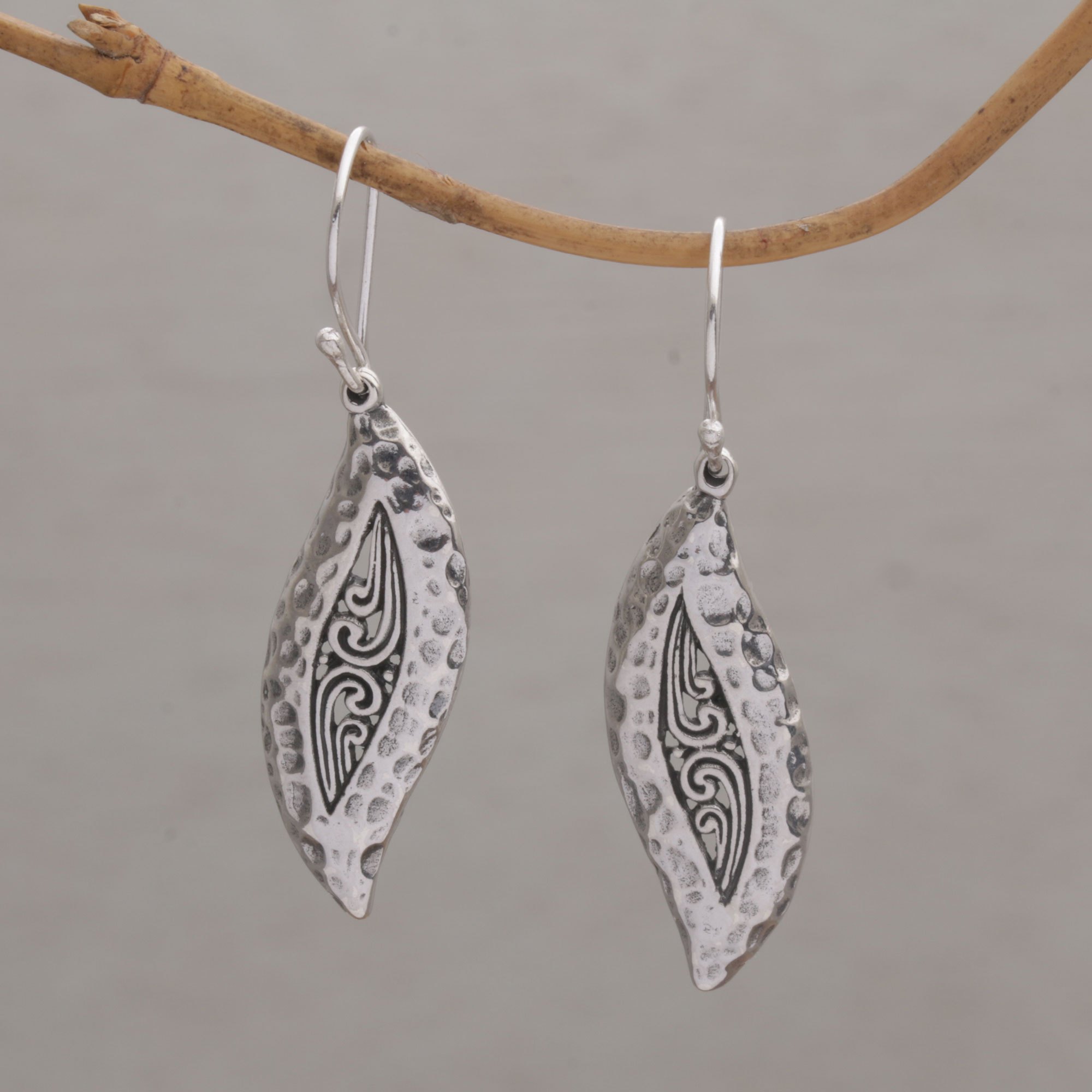 Hammered Sterling Silver Leaf Dangle Earrings from Bali - Dewy Blades ...