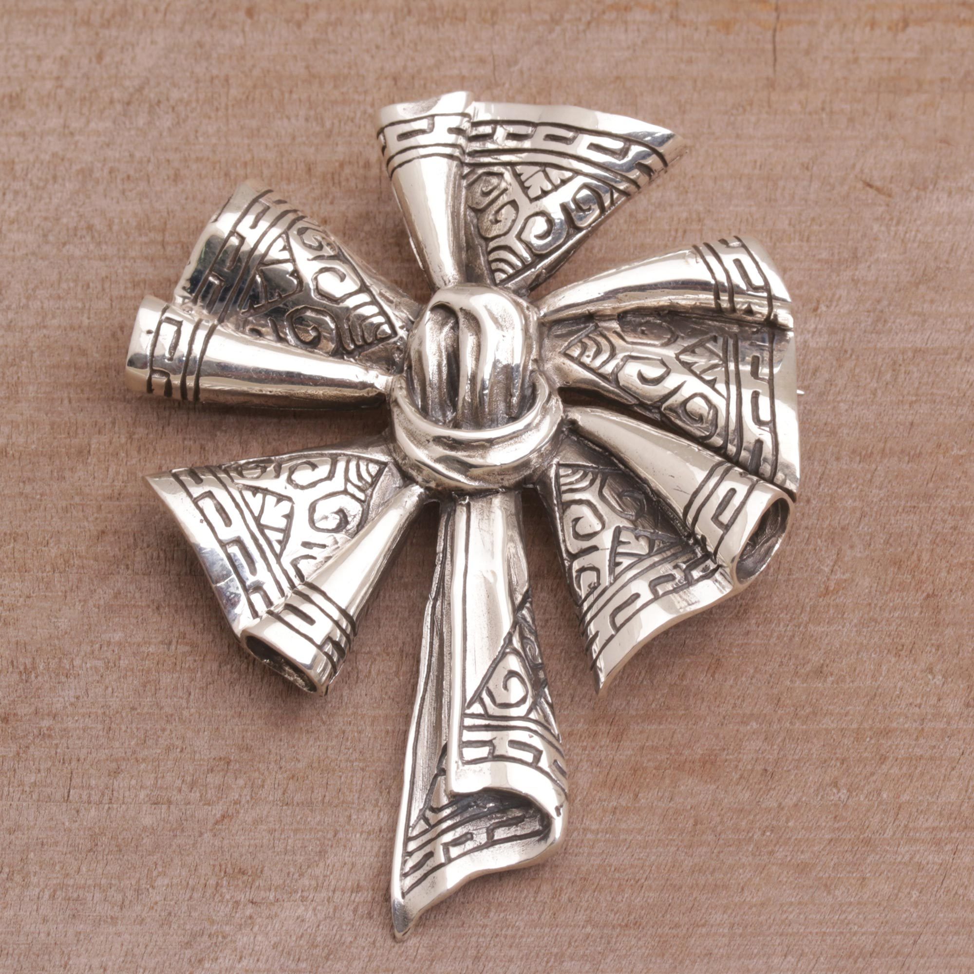 Sterling Silver Songket Cloth Brooch from Bali - Songket Windmill | NOVICA