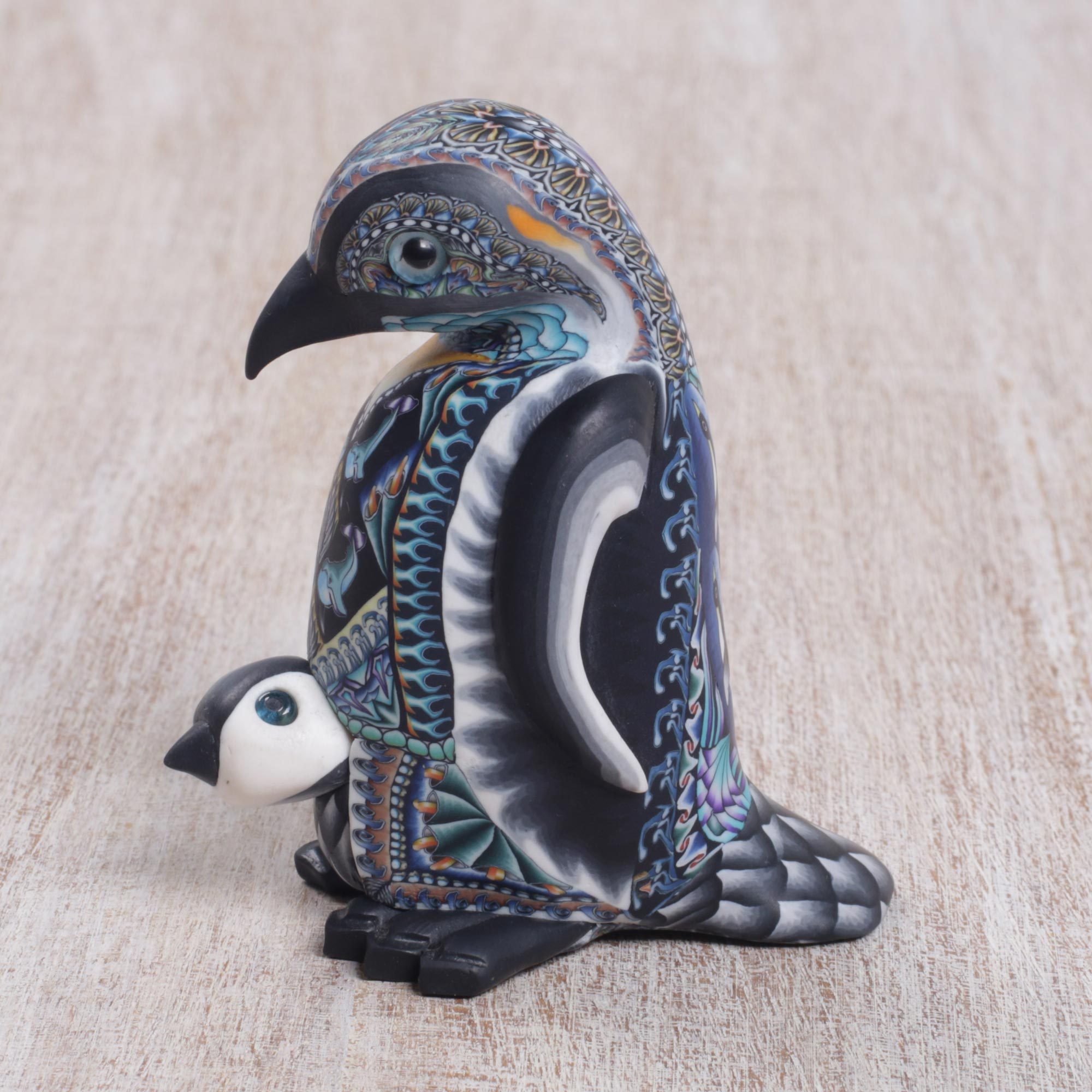 Handcrafted Polymer Clay Penguin Sculpture 3 Inch - Penguin Mother | NOVICA