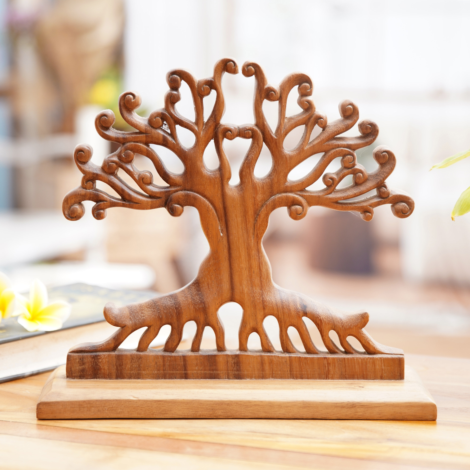 Handcrafted Suar Wood Tree Sculpture from Bali - Courage Grows | NOVICA