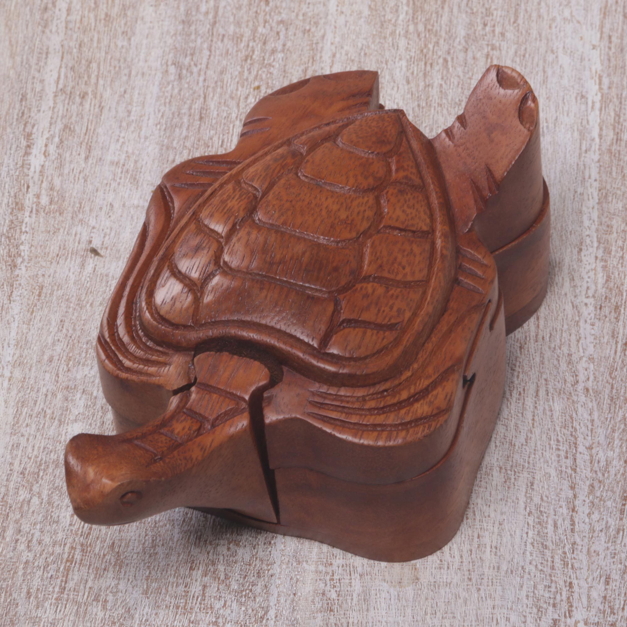Turtle Motif Wood Puzzle Box Hand Carved in Bali - Gliding Turtle | NOVICA