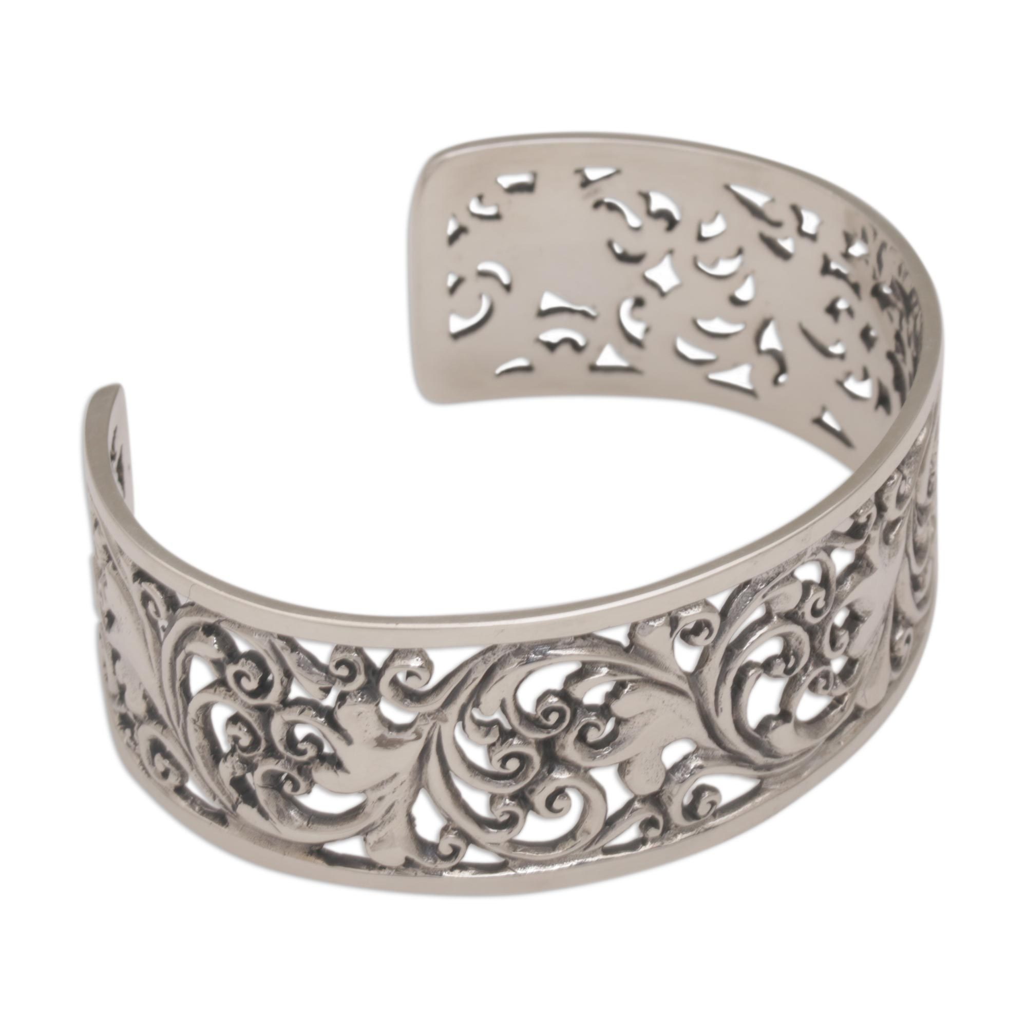 Detailed Sterling Silver Vine and Leaf Cuff Bracelet - Undergrowth | NOVICA
