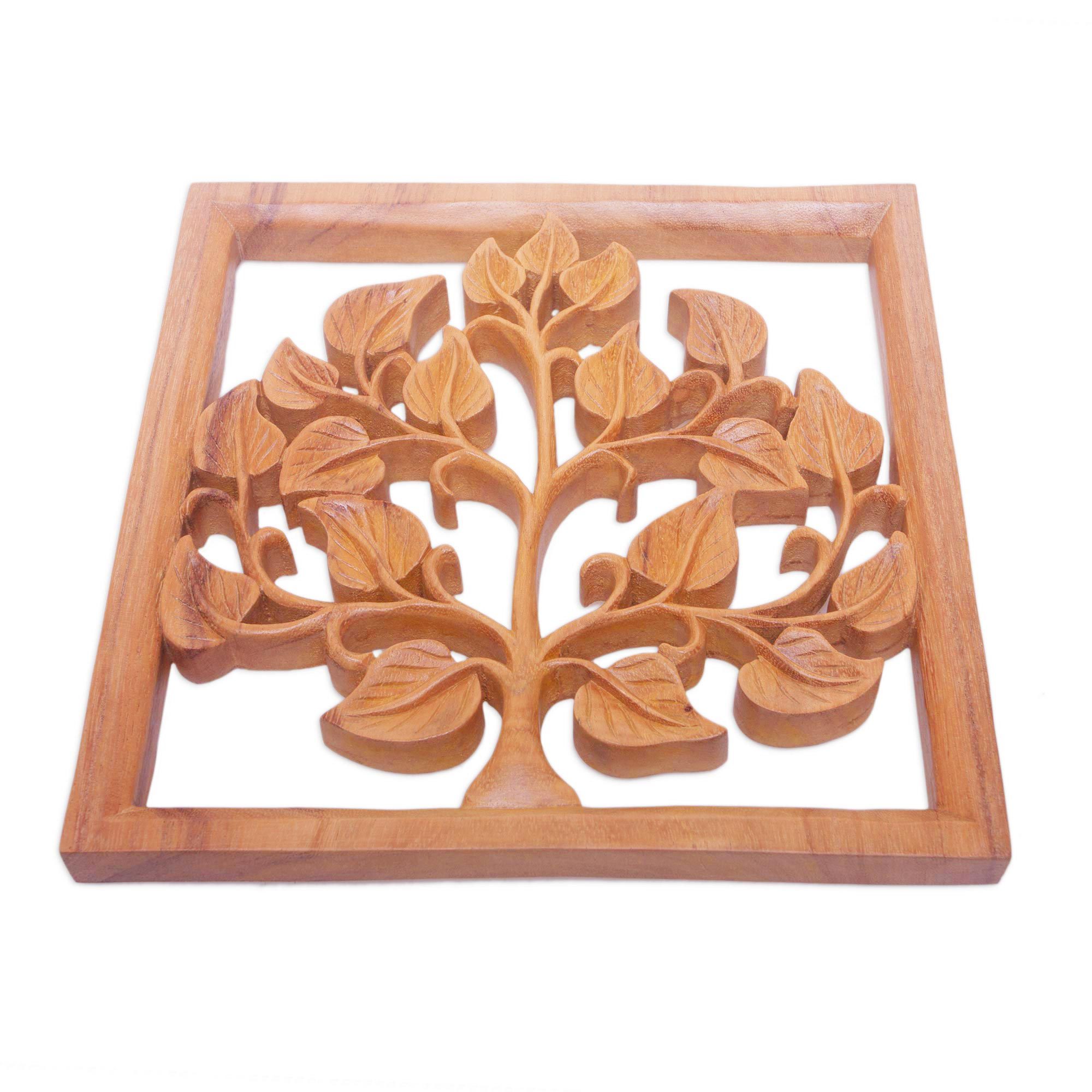 Hand Carved Suar Wood Amaranth Wall Art Relief Panel - Bayam | NOVICA