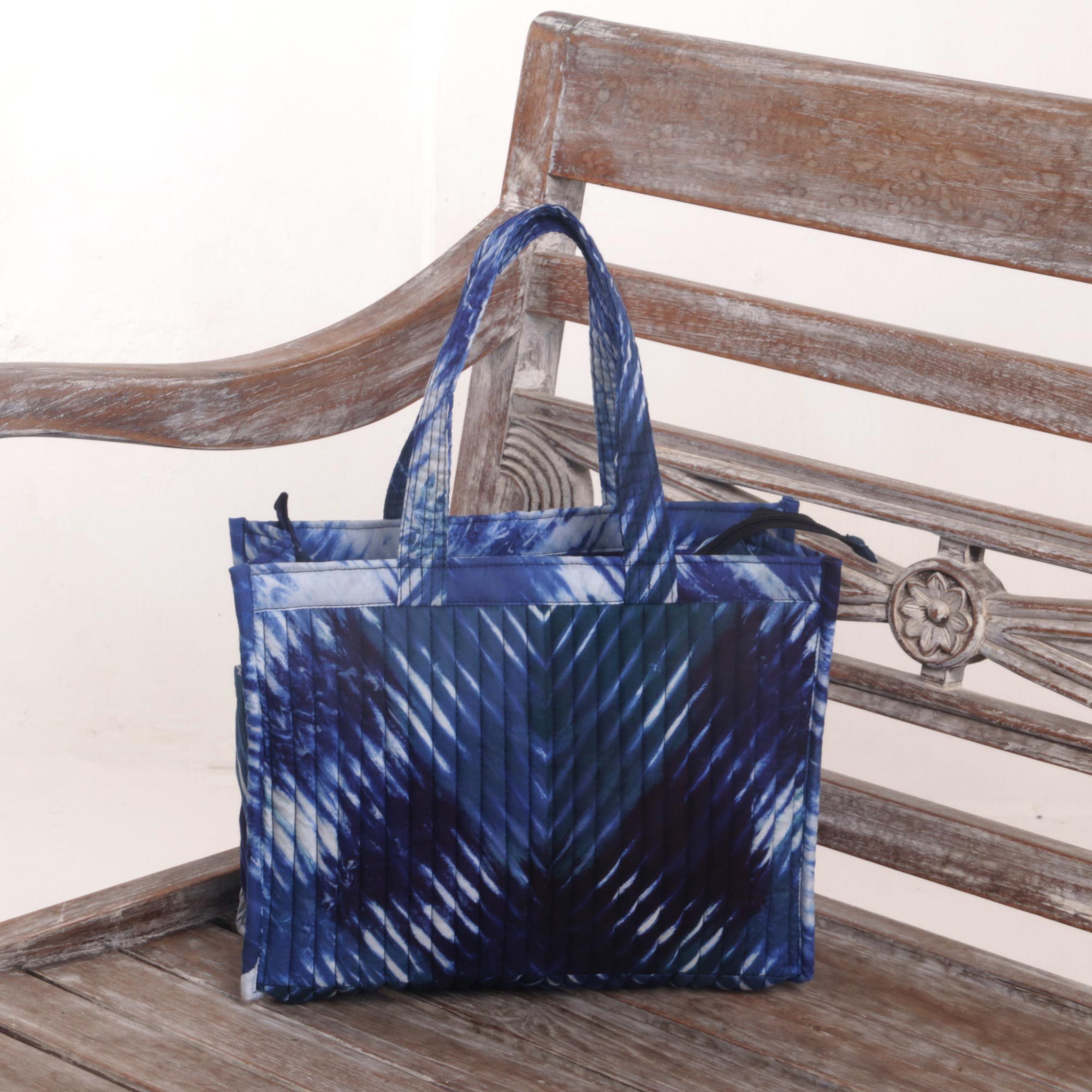 Blue and While Tie Dyed Quilted Tote Shoulder Bag - Blue Song | NOVICA