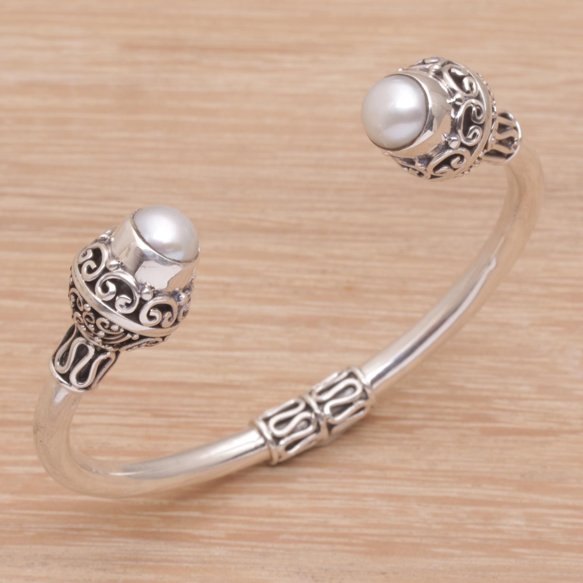 Ornate Sterling Silver Cuff Bracelet with Cultured Pearls - Monument ...