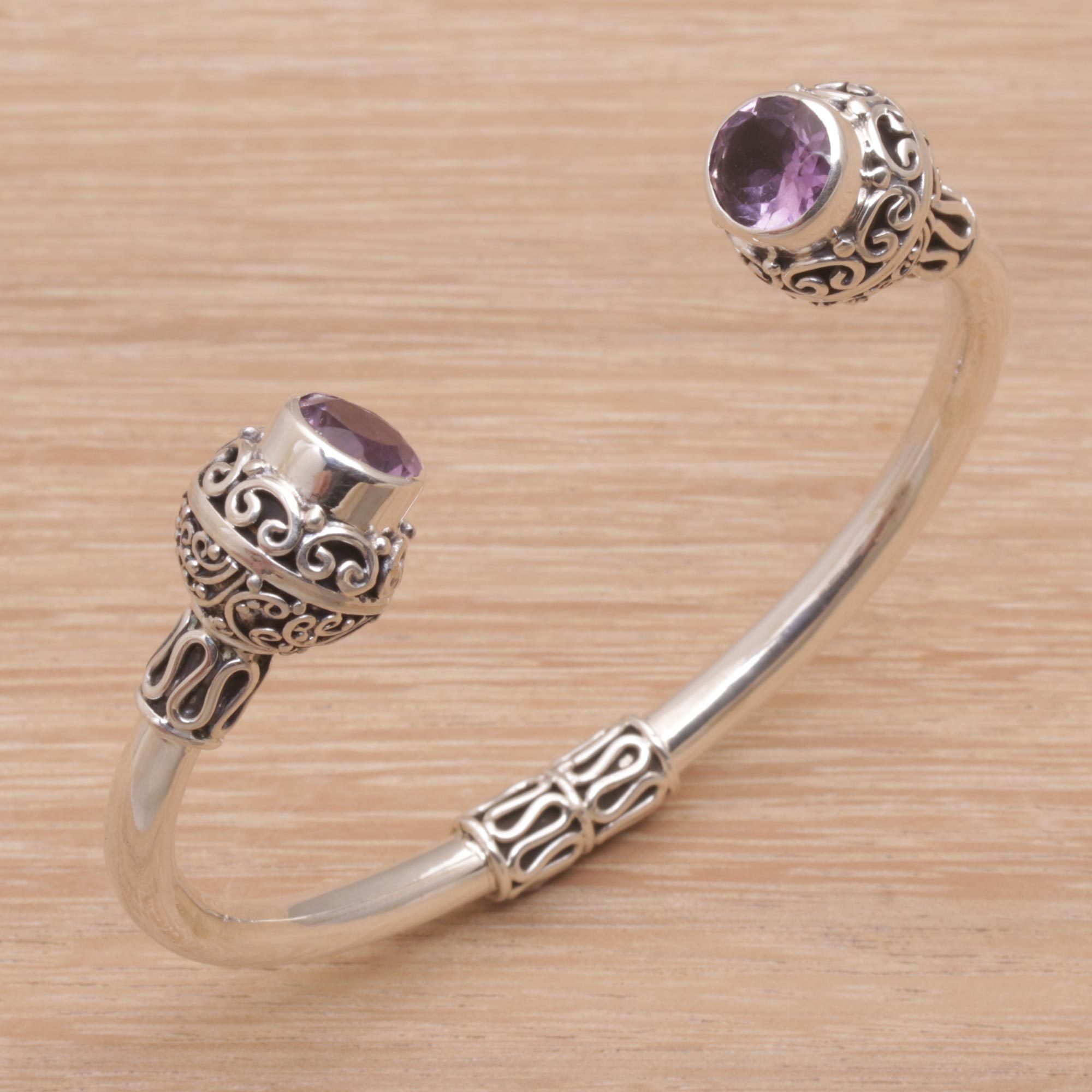 Amethyst and Sterling Silver Cuff Bracelet from Bali - Monument | NOVICA