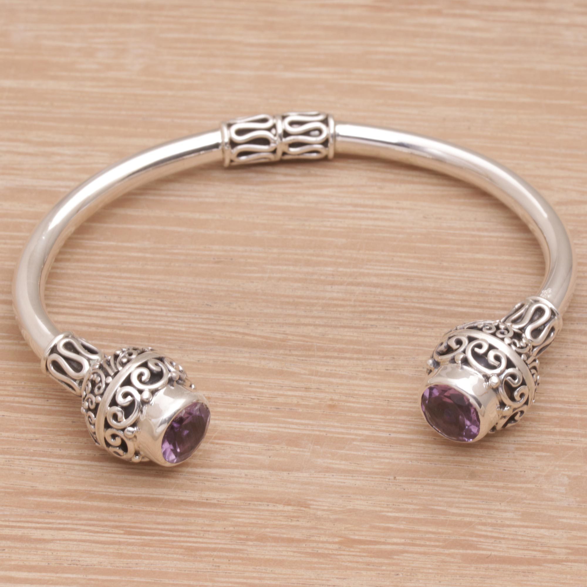 Amethyst and Sterling Silver Cuff Bracelet from Bali - Monument | NOVICA
