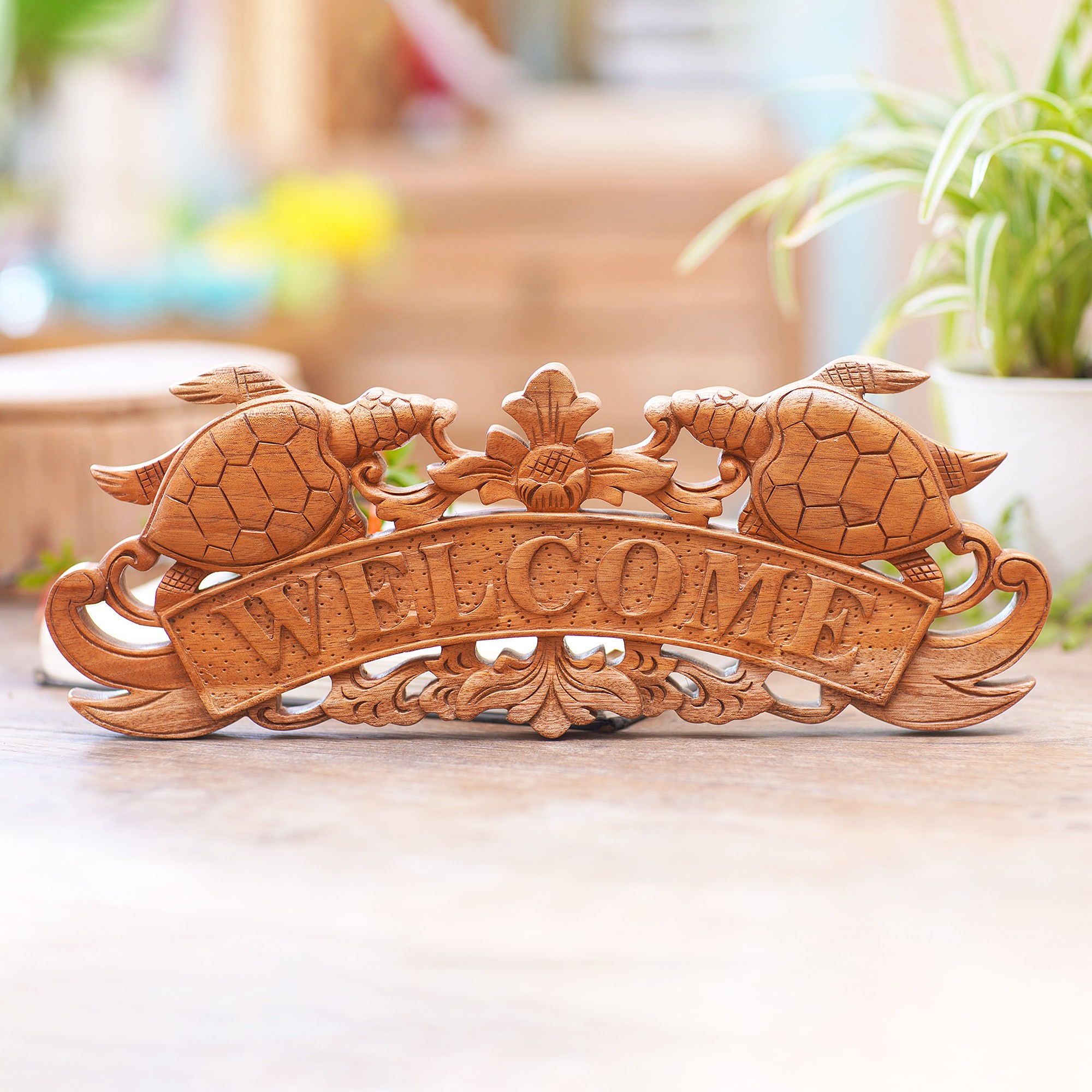 Hand Carved Turtle Wood Welcome Sign from Bali - Turtle Welcome | NOVICA
