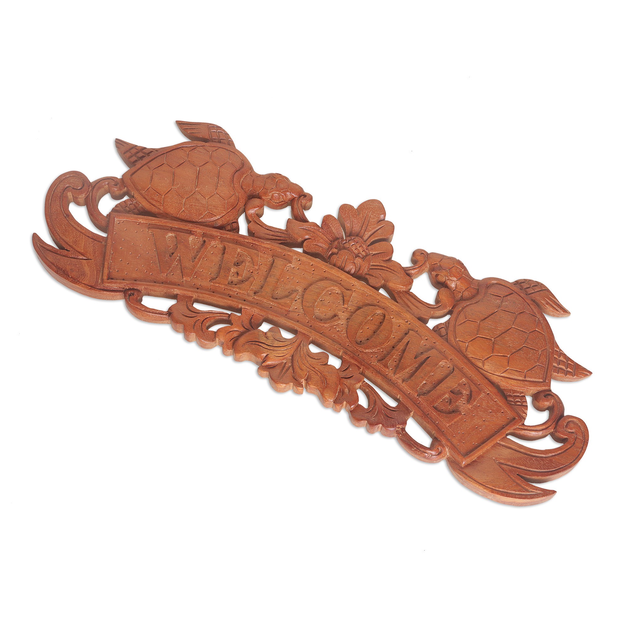 Hand Carved Turtle Wood Welcome Sign from Bali - Turtle Welcome | NOVICA