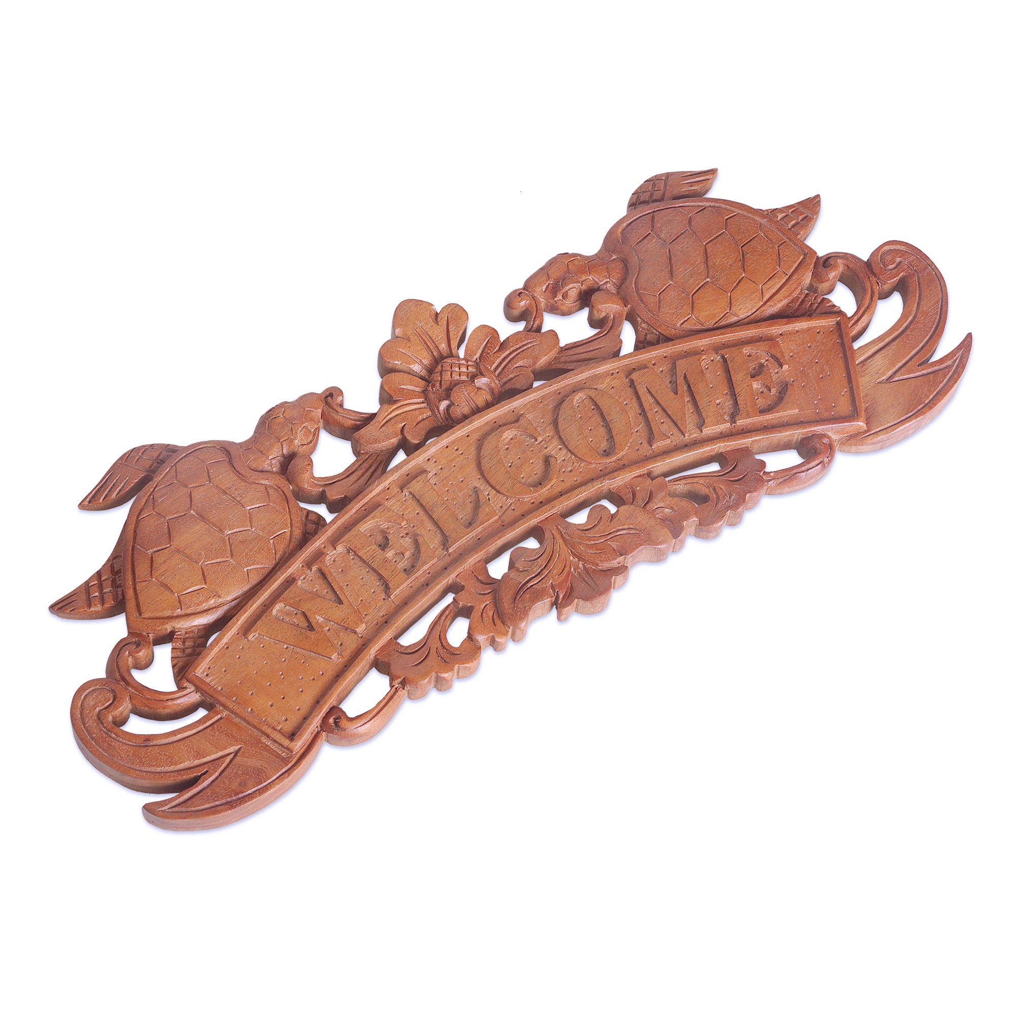 Hand Carved Turtle Wood Welcome Sign from Bali - Turtle Welcome | NOVICA
