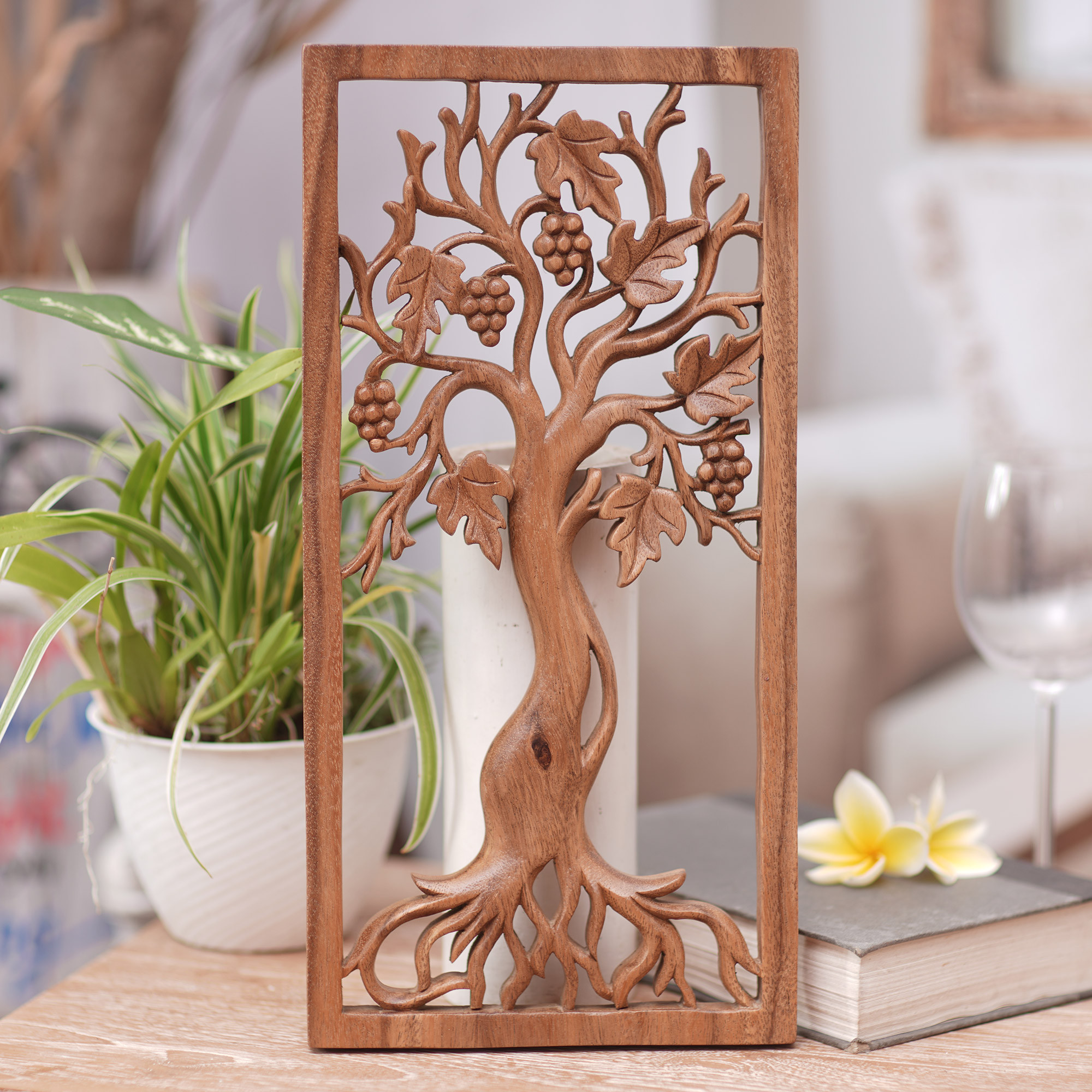 Handmade Tree Wood Wall Relief Panel from Bali - Singapore Cherry | NOVICA