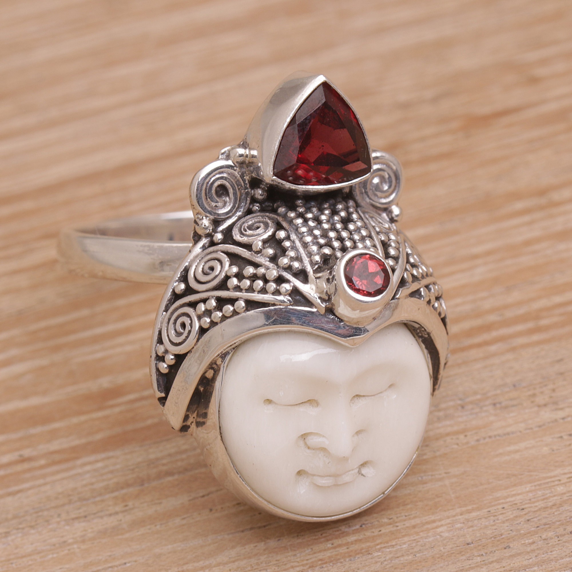 UNICEF Market | Carved Bone and Sterling Silver Ring with Garnet ...