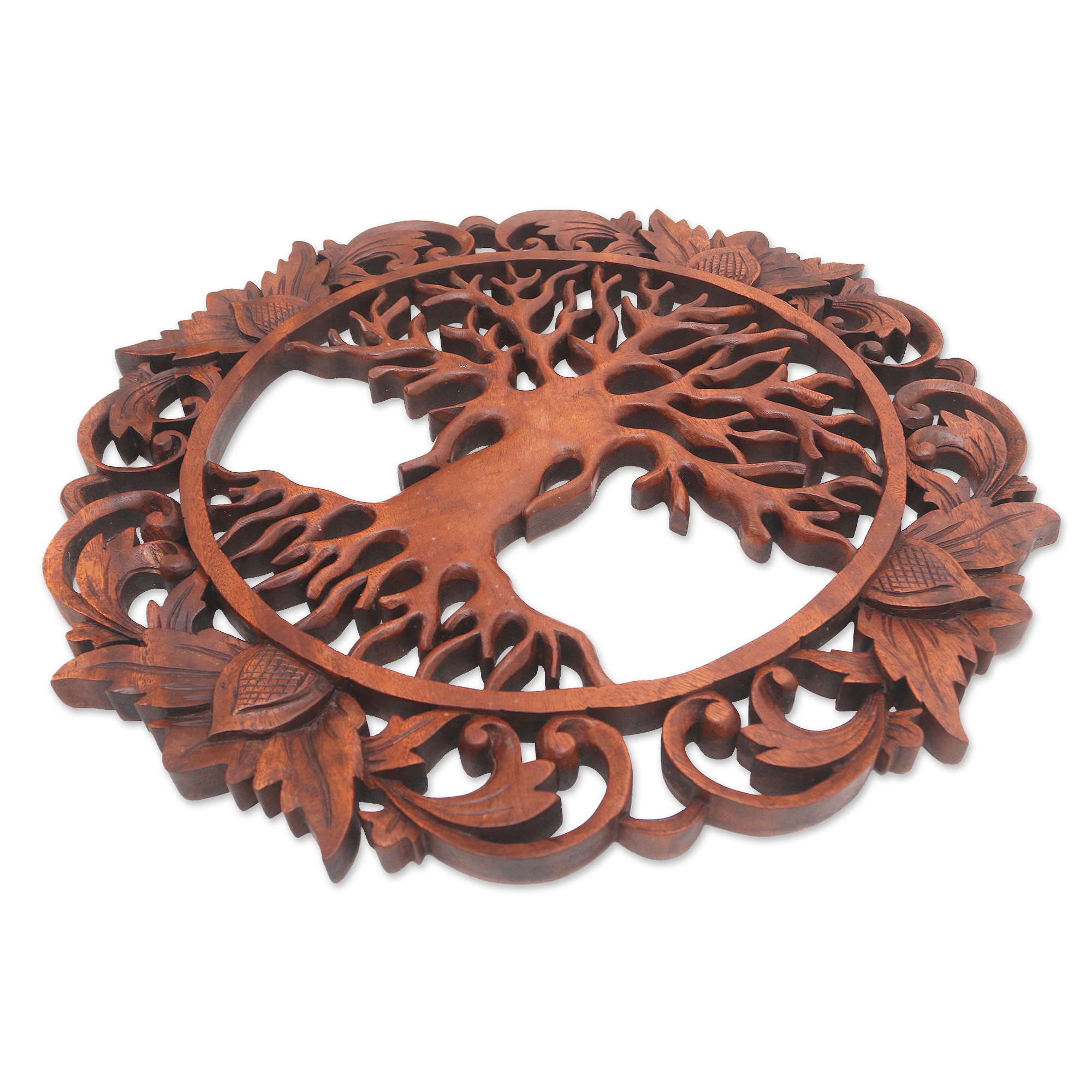 Hand Carved Suar Wood Tree Relief Panel from Bali - Tree Roots | NOVICA