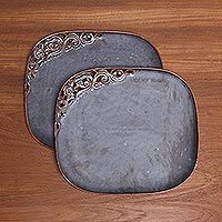 Brown Ceramic Plates with Scrolling Floral Detail (Pair) - Keraton ...