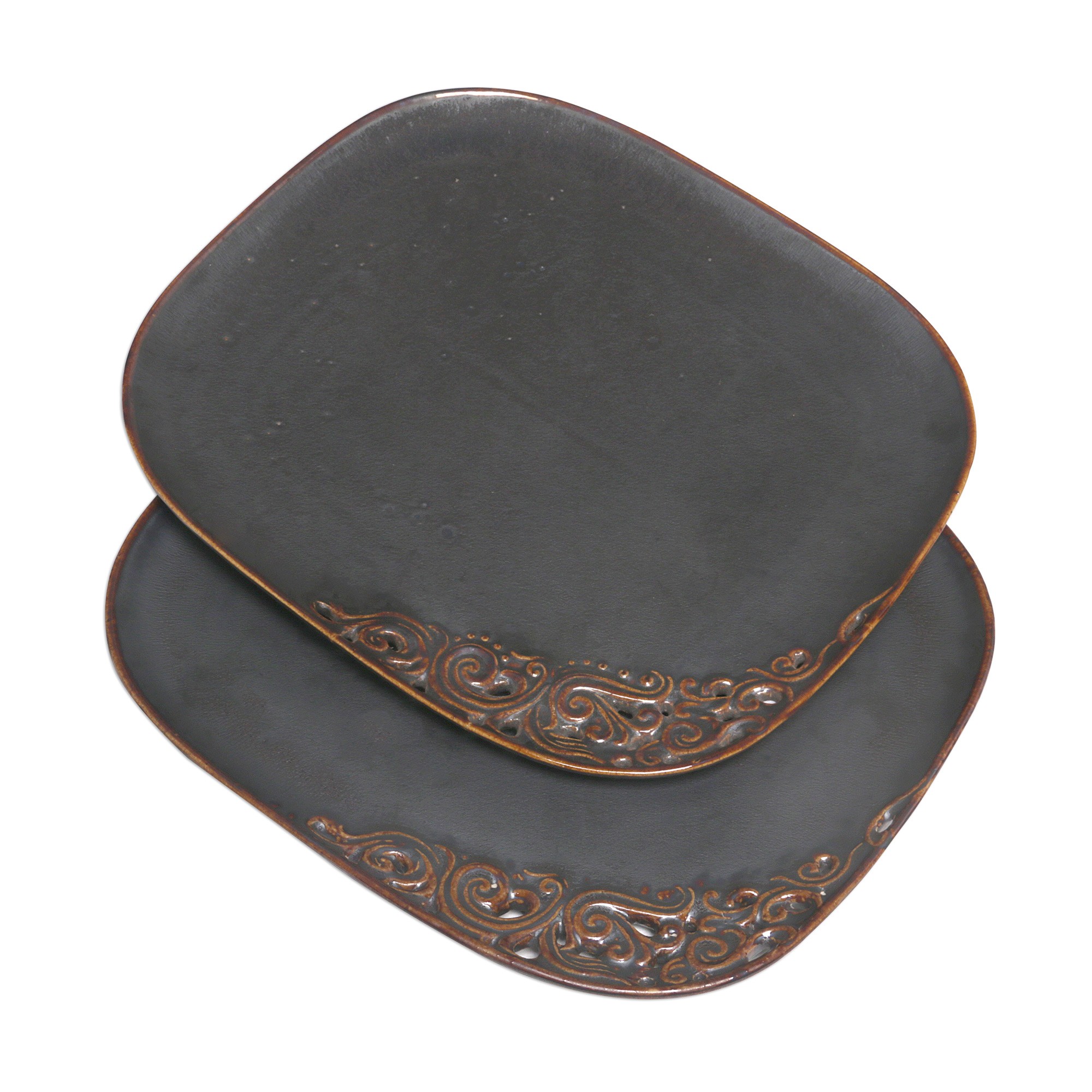 Brown Ceramic Plates with Scrolling Floral Detail (Pair) - Keraton ...