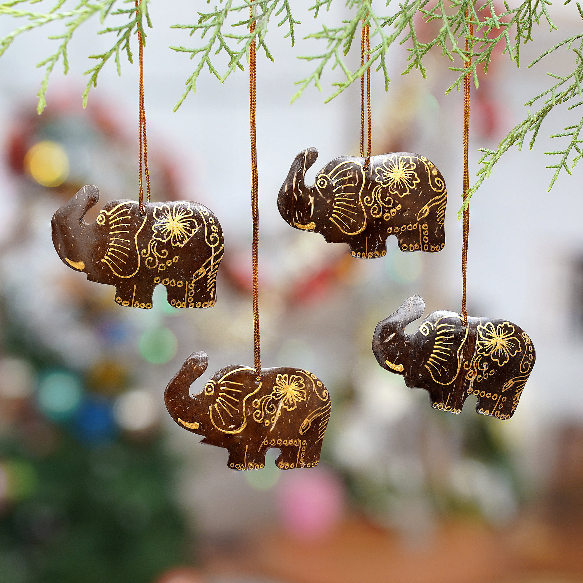 Set of 4 Coconut Shell Traditional Elephant Ornaments - Imperial ...