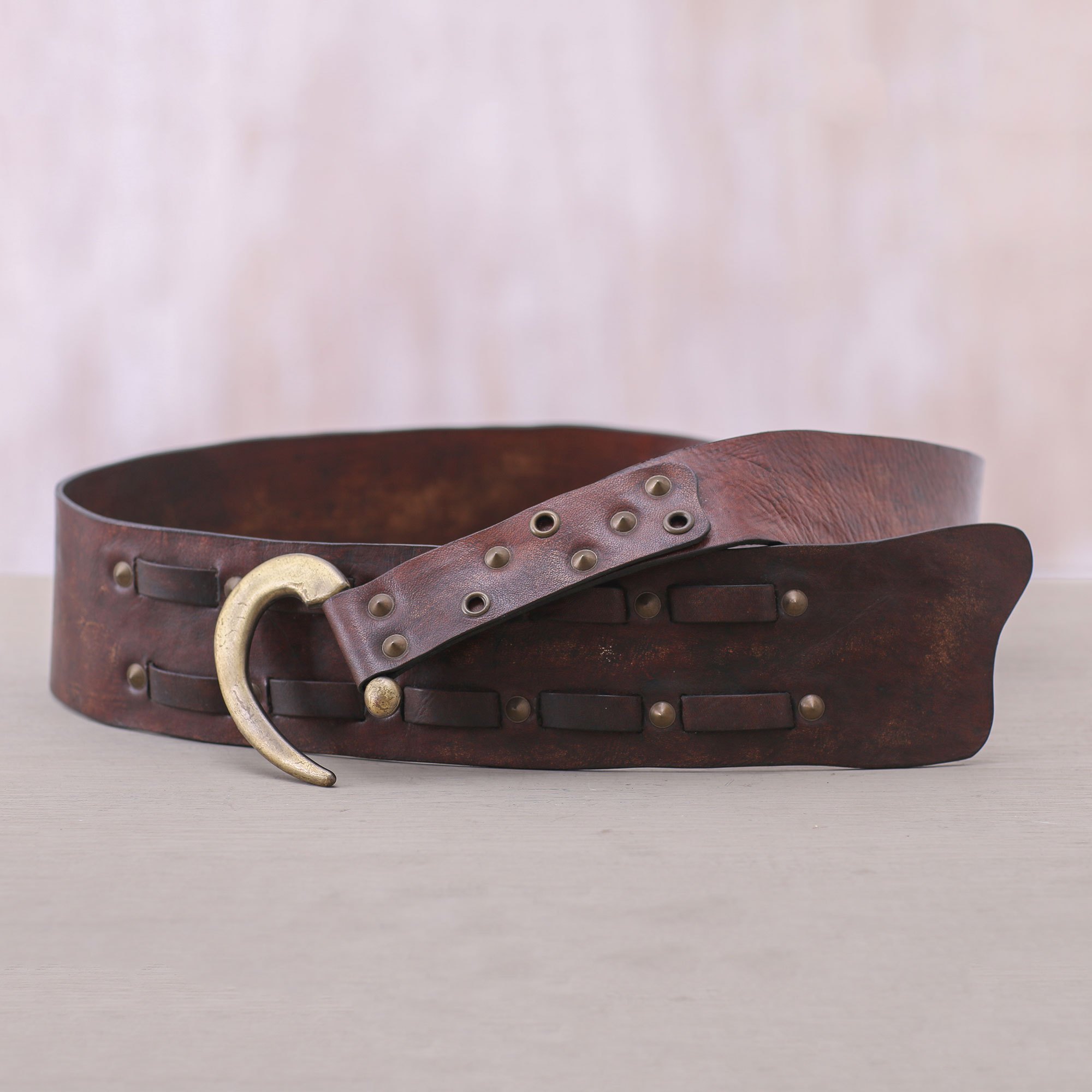 Handcrafted Iron Studded Leather Belt with Contemporary Hook - Iron ...