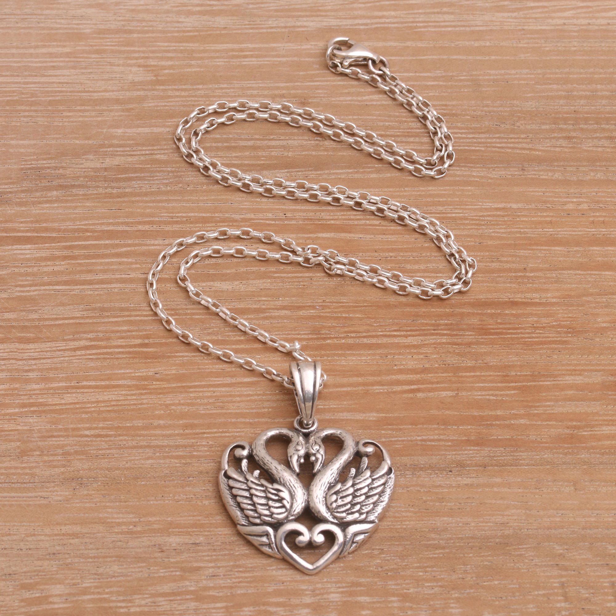 Sterling Silver Swan Pendant Necklace from Bali - Swan Love | NOVICA