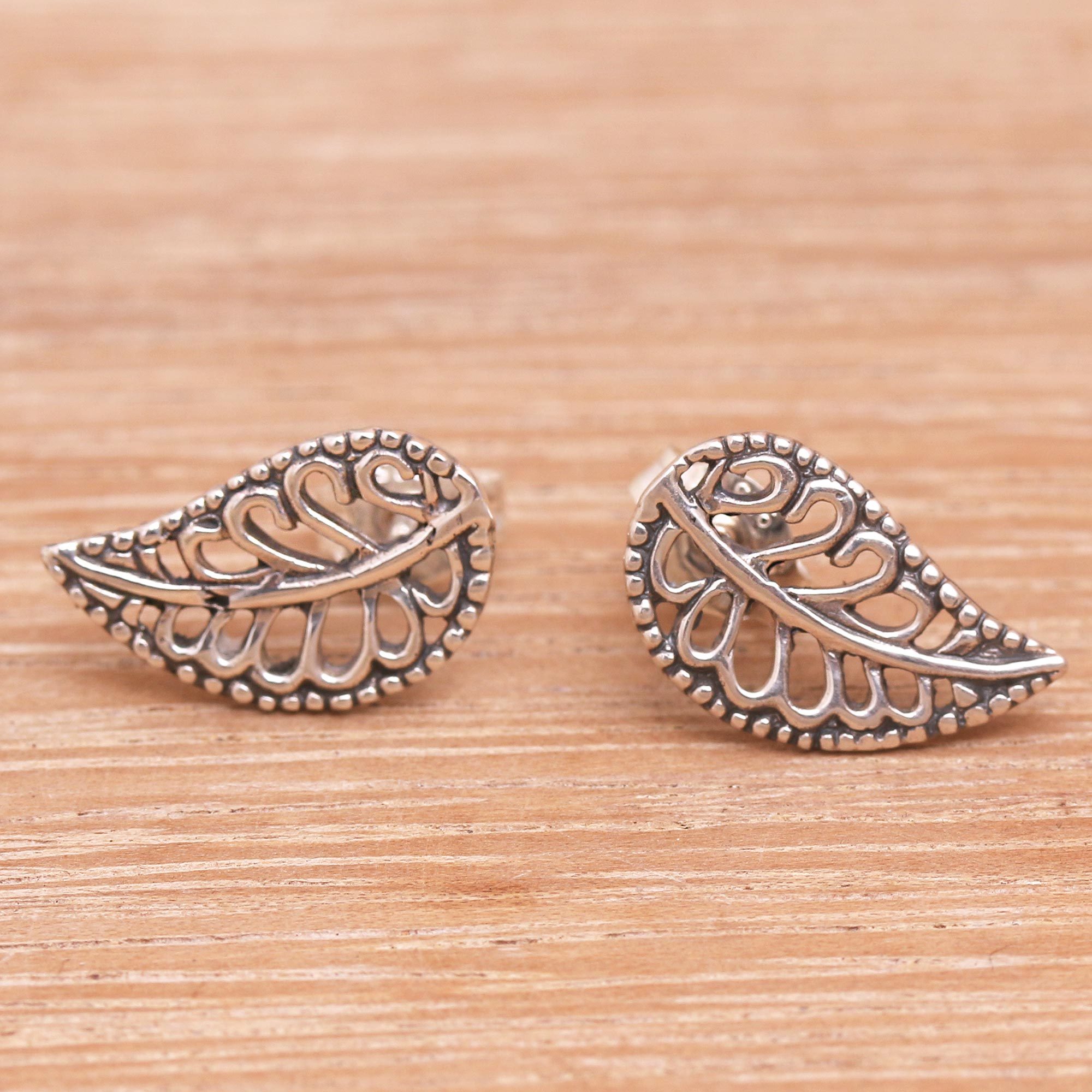Balinese Leaf Shaped Sterling Silver Drop Earrings - Leafy Wonder | NOVICA