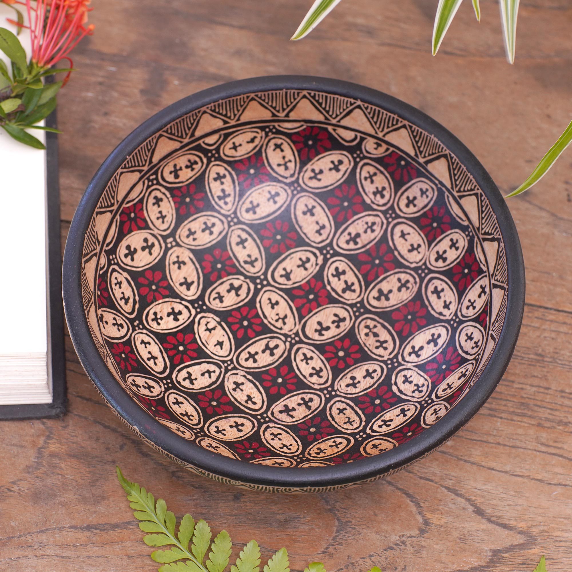 Indonesian Batik Wood Decorative Bowl - Truntum Parade | NOVICA