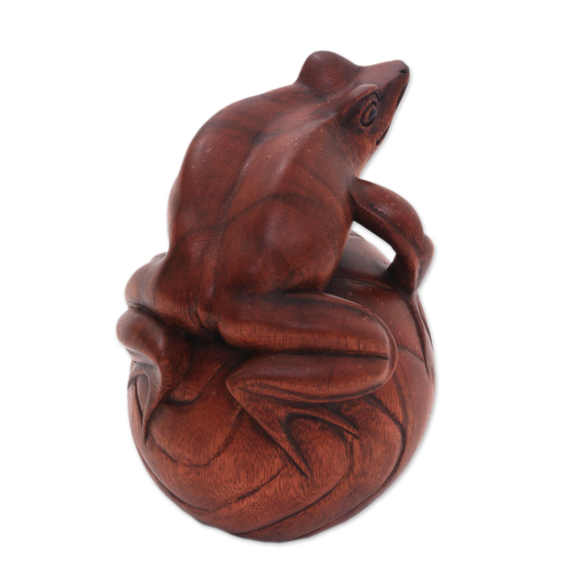 Hand-Carved Suar Wood Frog Figurine from Bali - Frog on a Ball | NOVICA