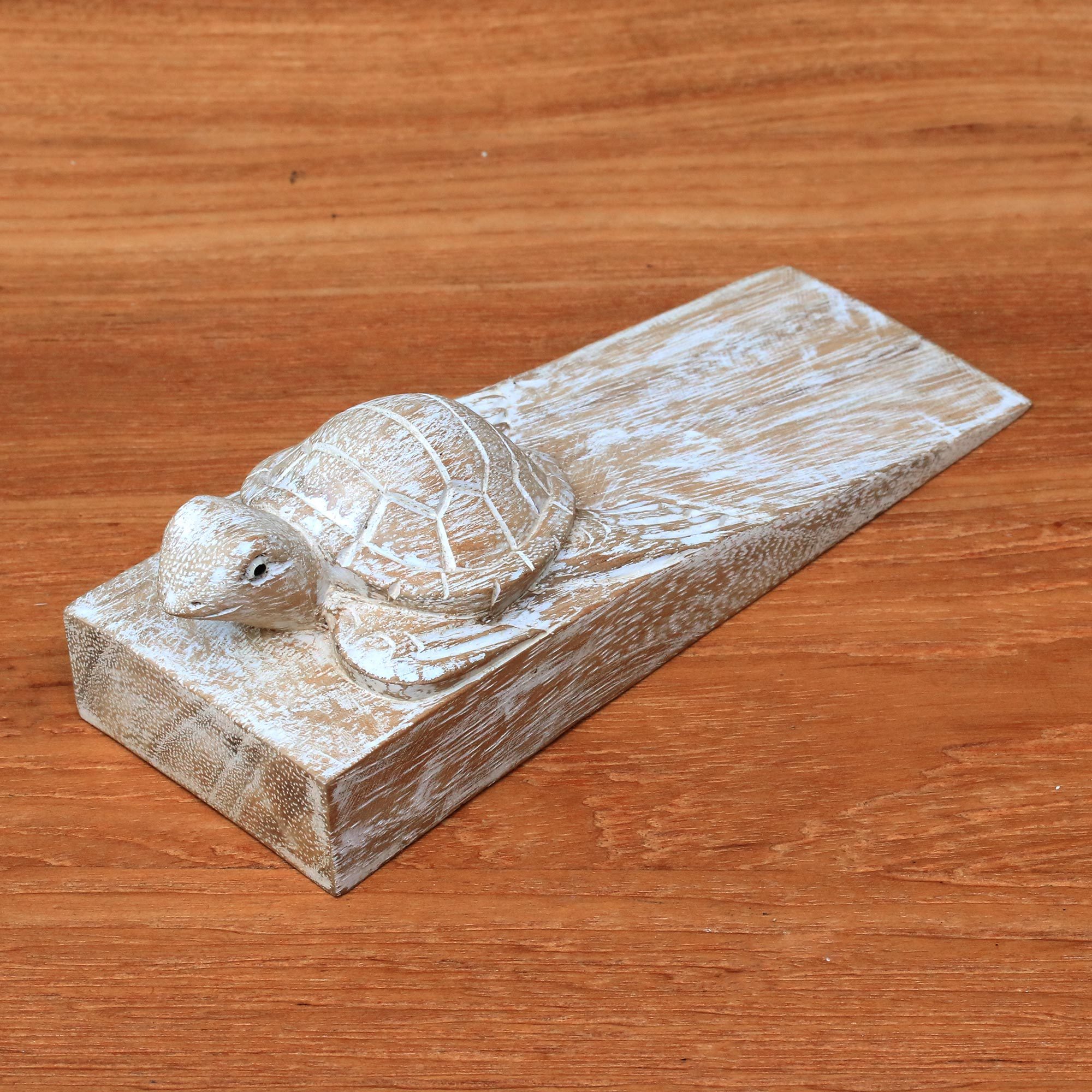 Distressed Baby Turtle Suar Wood Door Stopper from Bali - Distressed ...