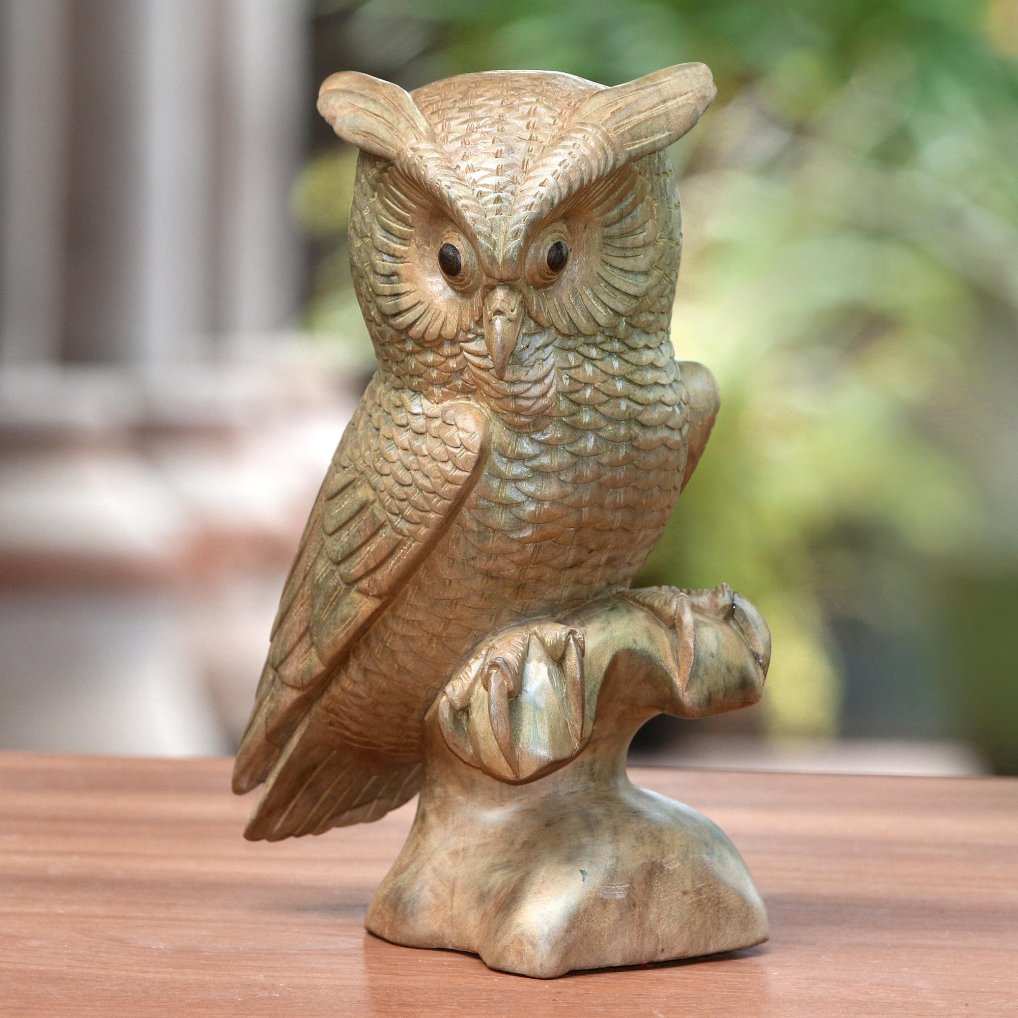Hibiscus Wood Owl Sculpture from Bali - Owl on a Ledge | NOVICA