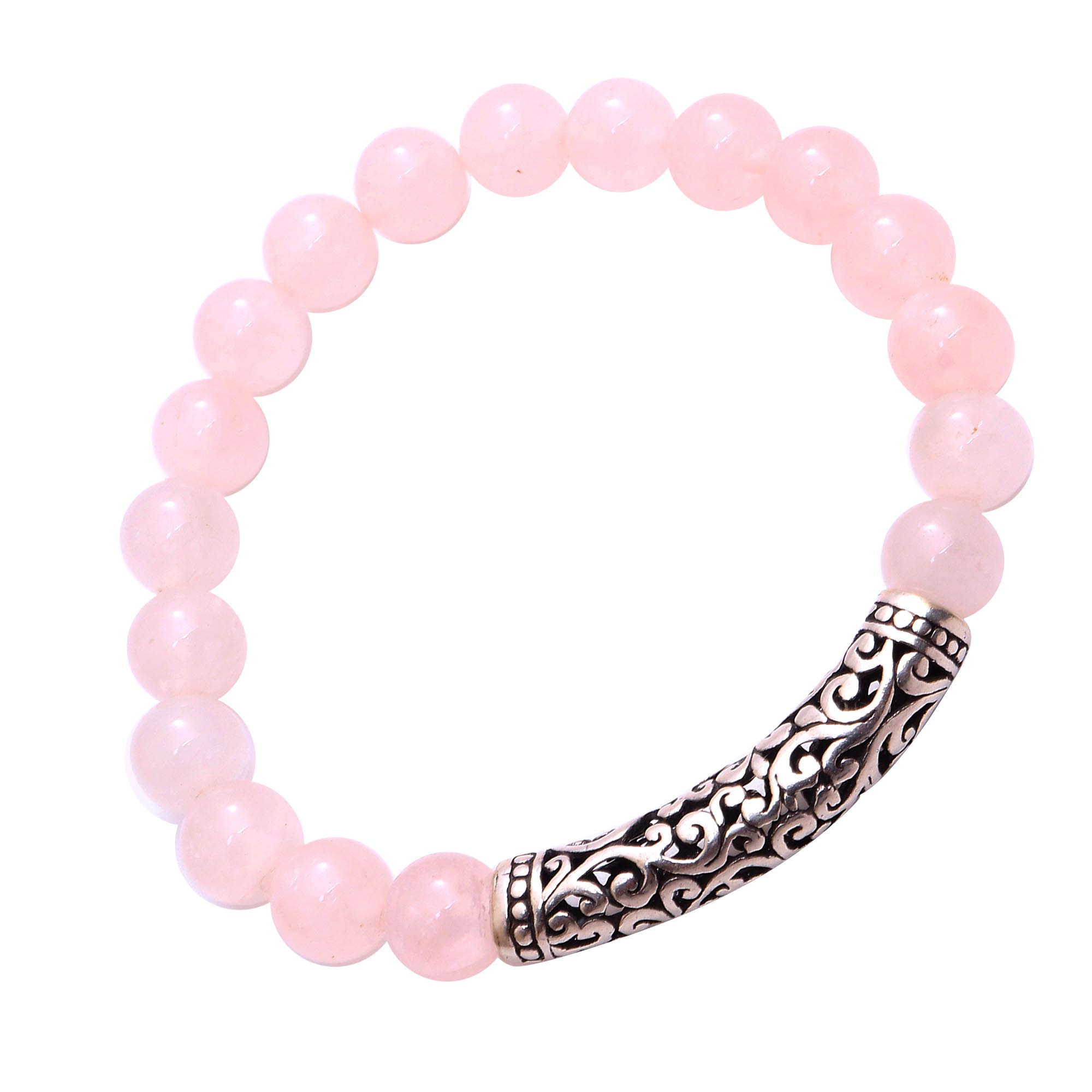 Rose Quartz Beaded Stretch Bracelet from Bali - Rosy Arch | NOVICA
