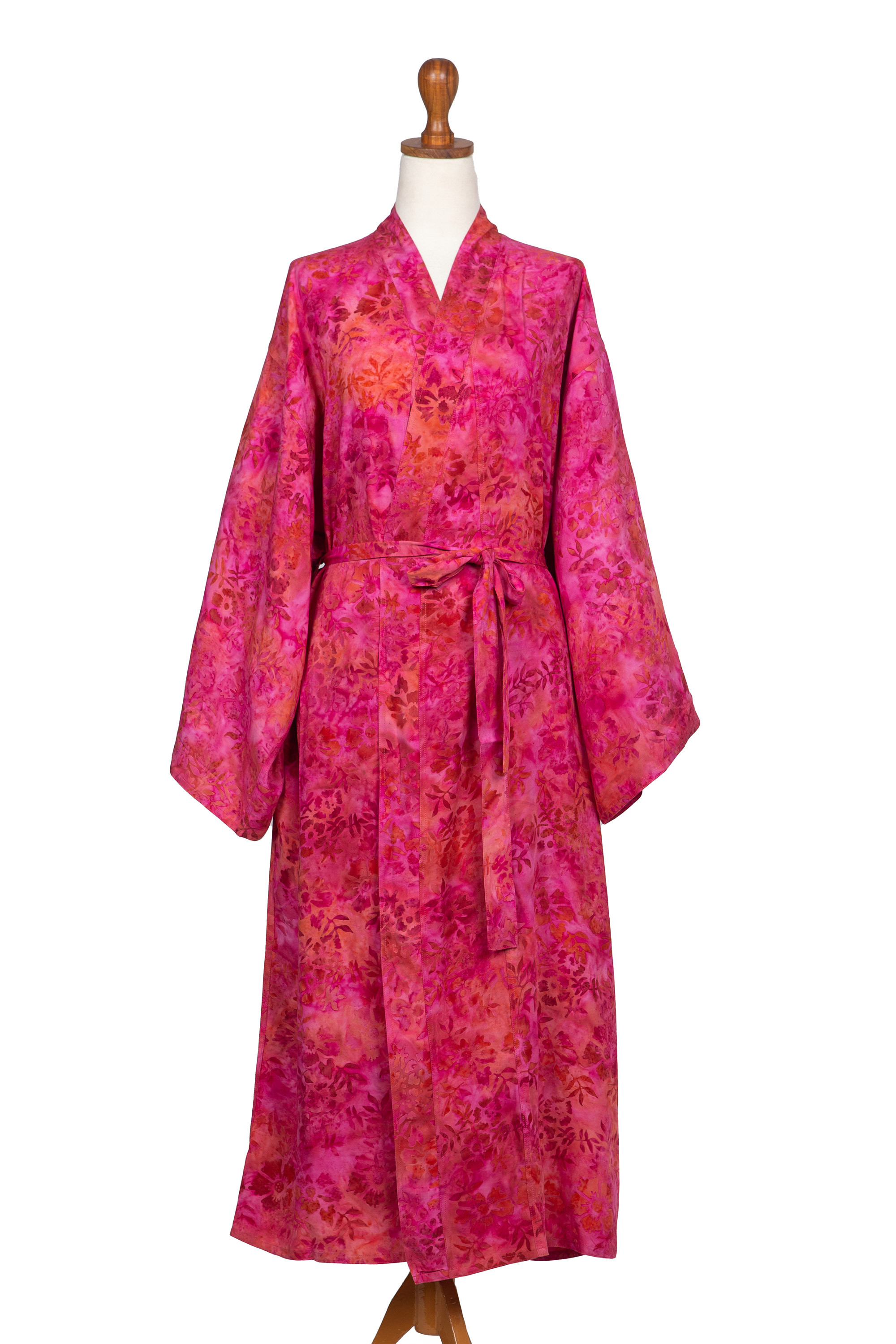 Batik Rayon Robe in Rose and Berry Pink from Bali - Batik Blush | NOVICA