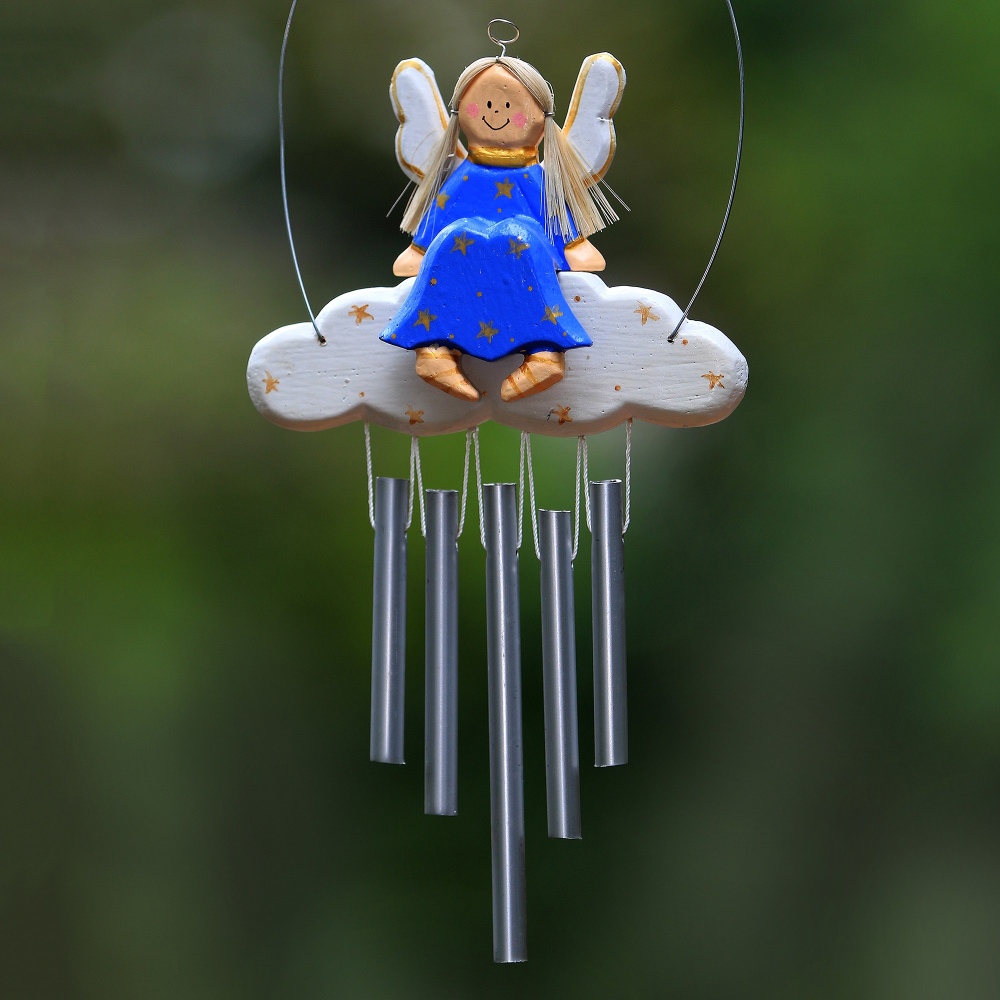 Angel-Themed Wood Wind Chime in Blue from Bali - Angel Tune in Blue ...