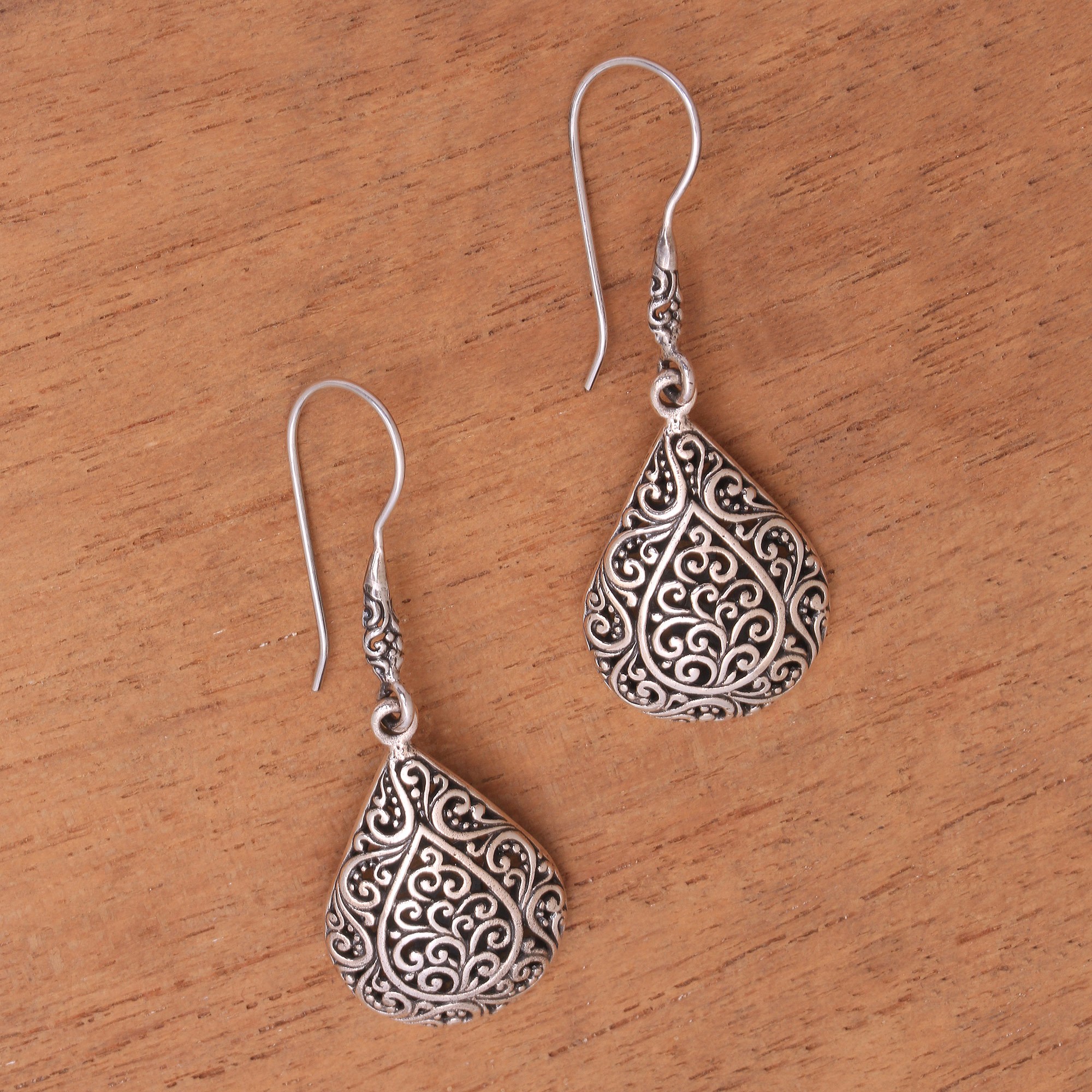 Sterling Silver Scroll Work Raindrop Dangle Earrings - Rain Blossoms ...