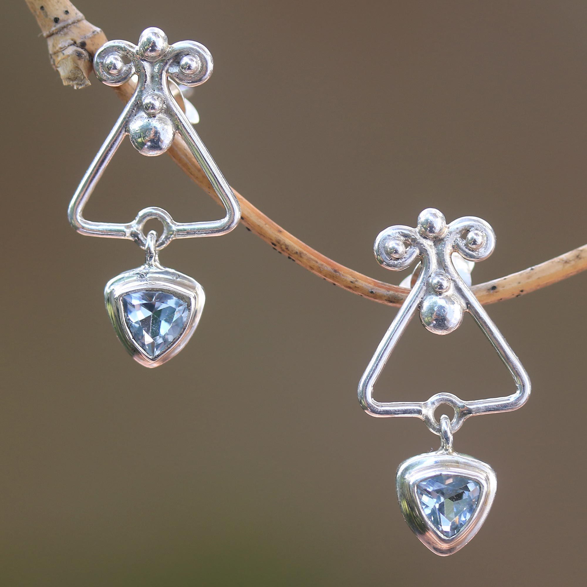 Triangular Blue Topaz Dangle Earrings from Bali - Triangle Dew | NOVICA