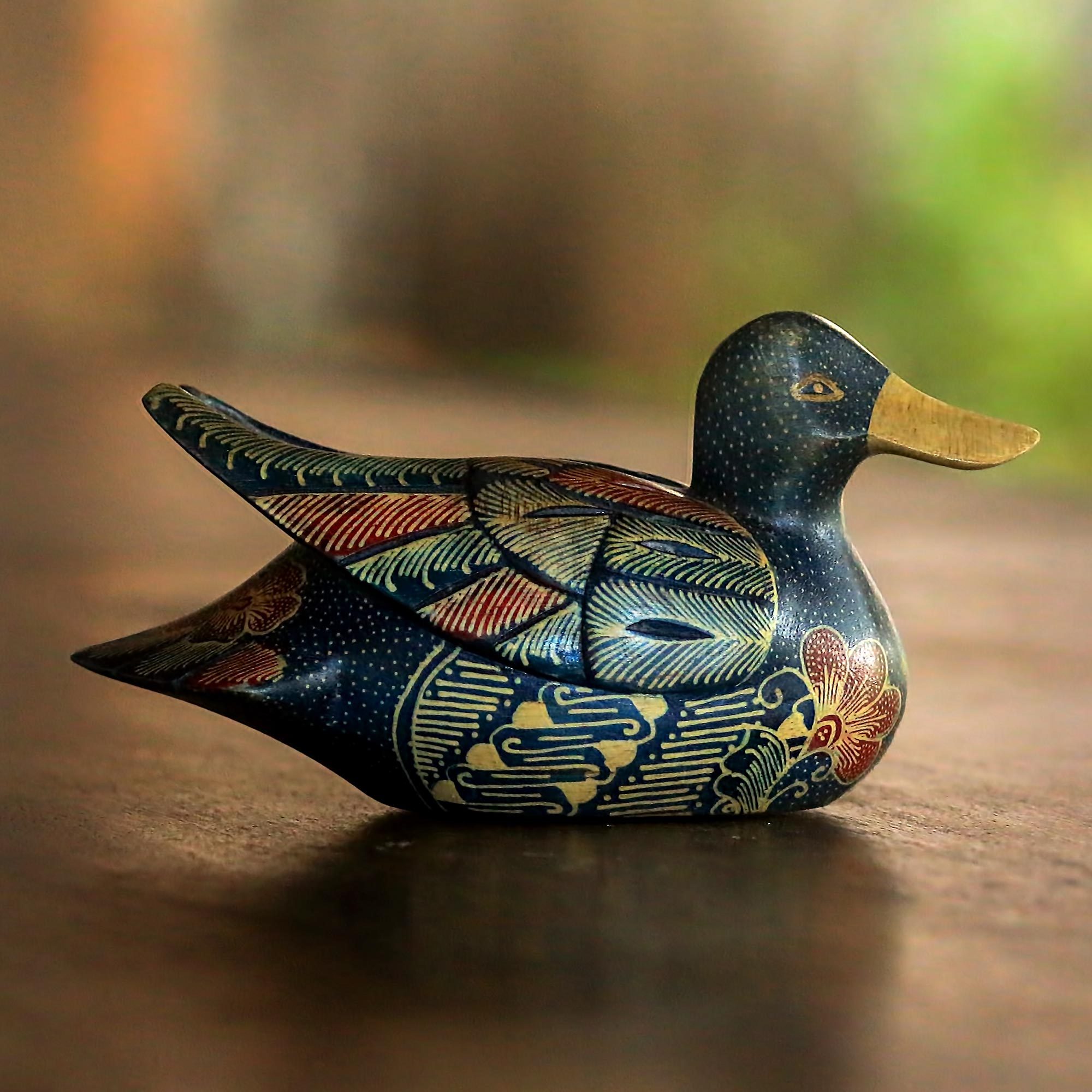 Parang Motif Batik Wood Duck Figurine from Java - Graceful Duck | NOVICA