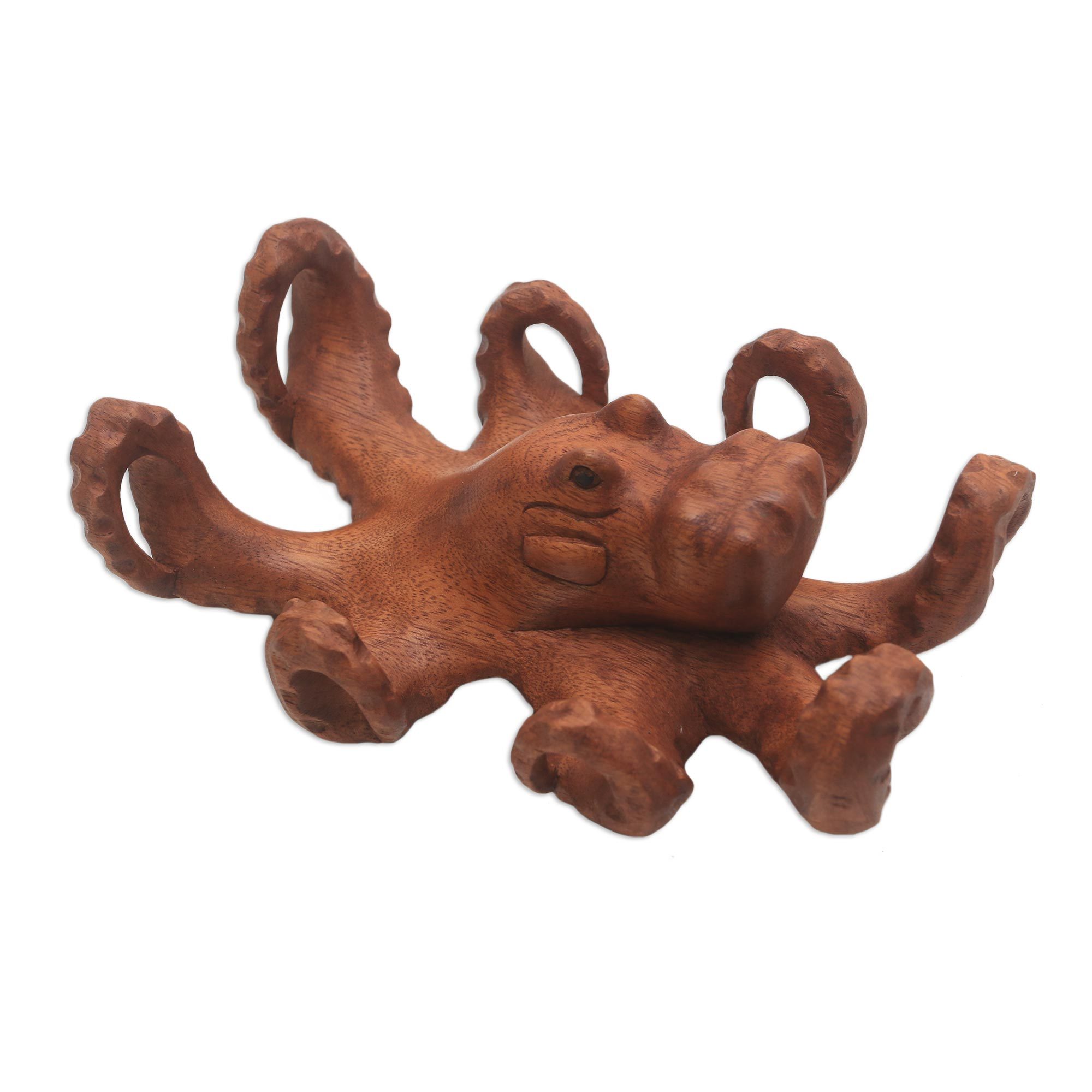 Hand Carved Suar Wood Octopus Sculpture from Bali - Wild Octopus | NOVICA