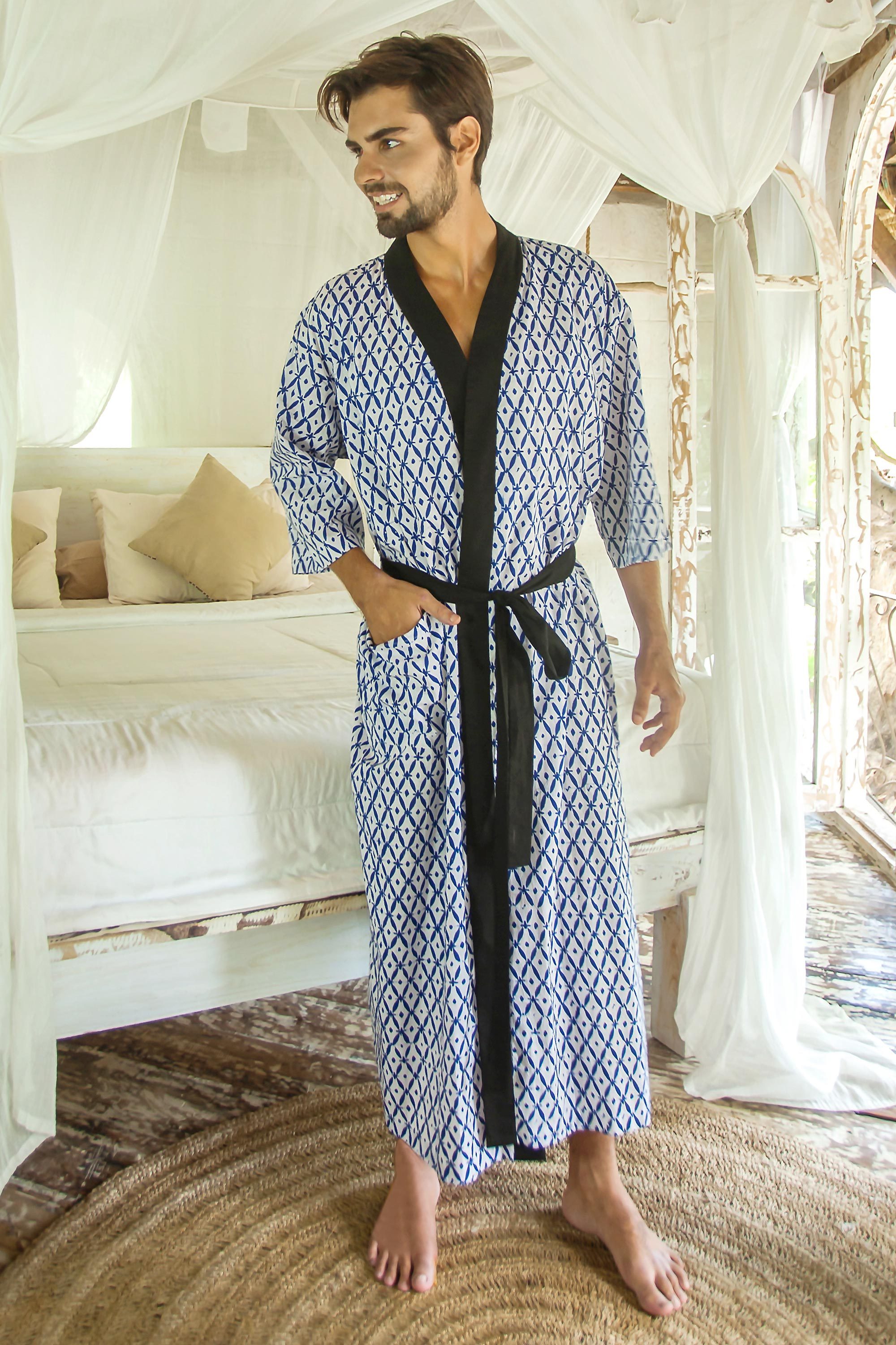 UNICEF Market | Navy Diamond Motif Men's Cotton Robe from Bali - Sanur ...
