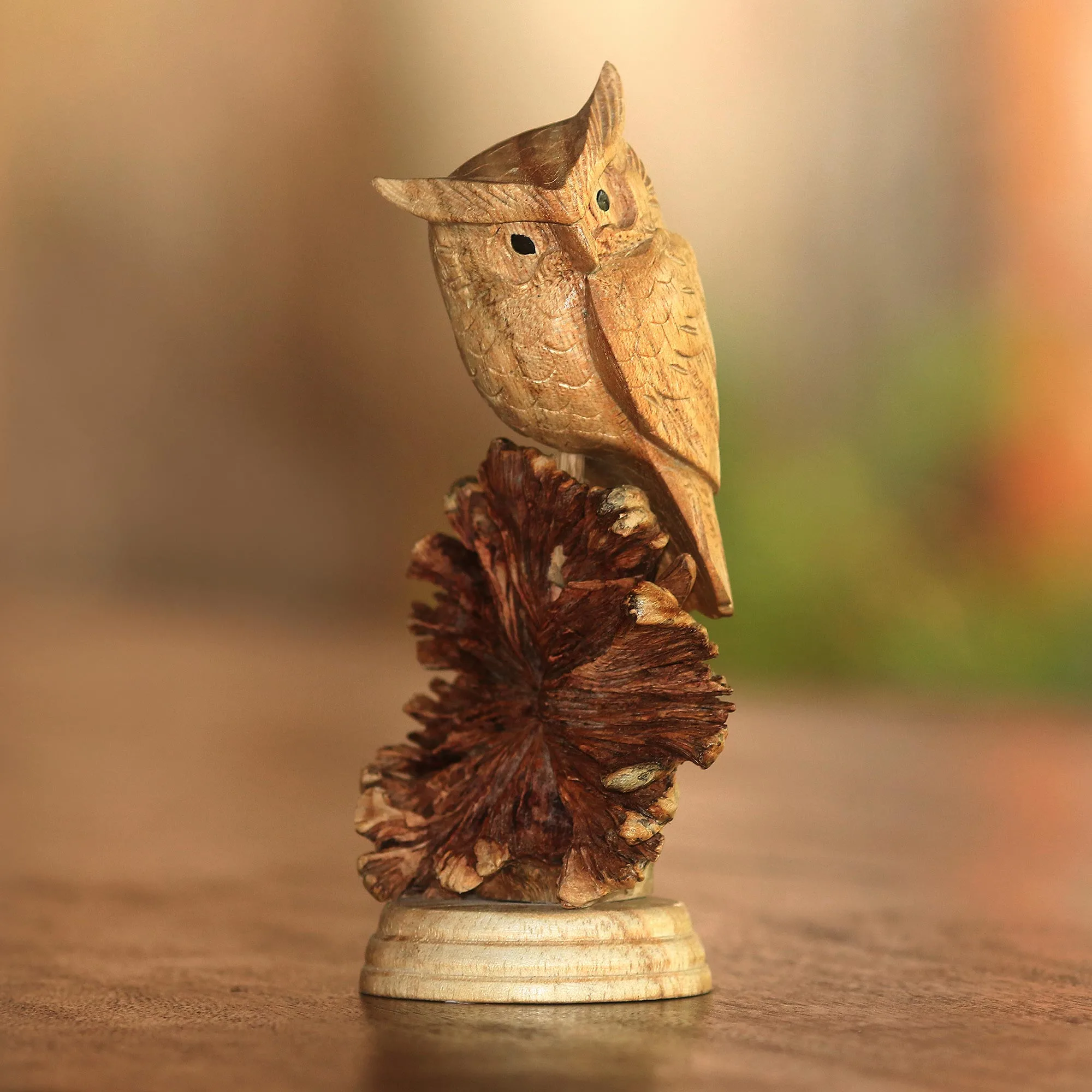 Jempinis Wood Owl Sculpture from Bali - Perched Owl | NOVICA