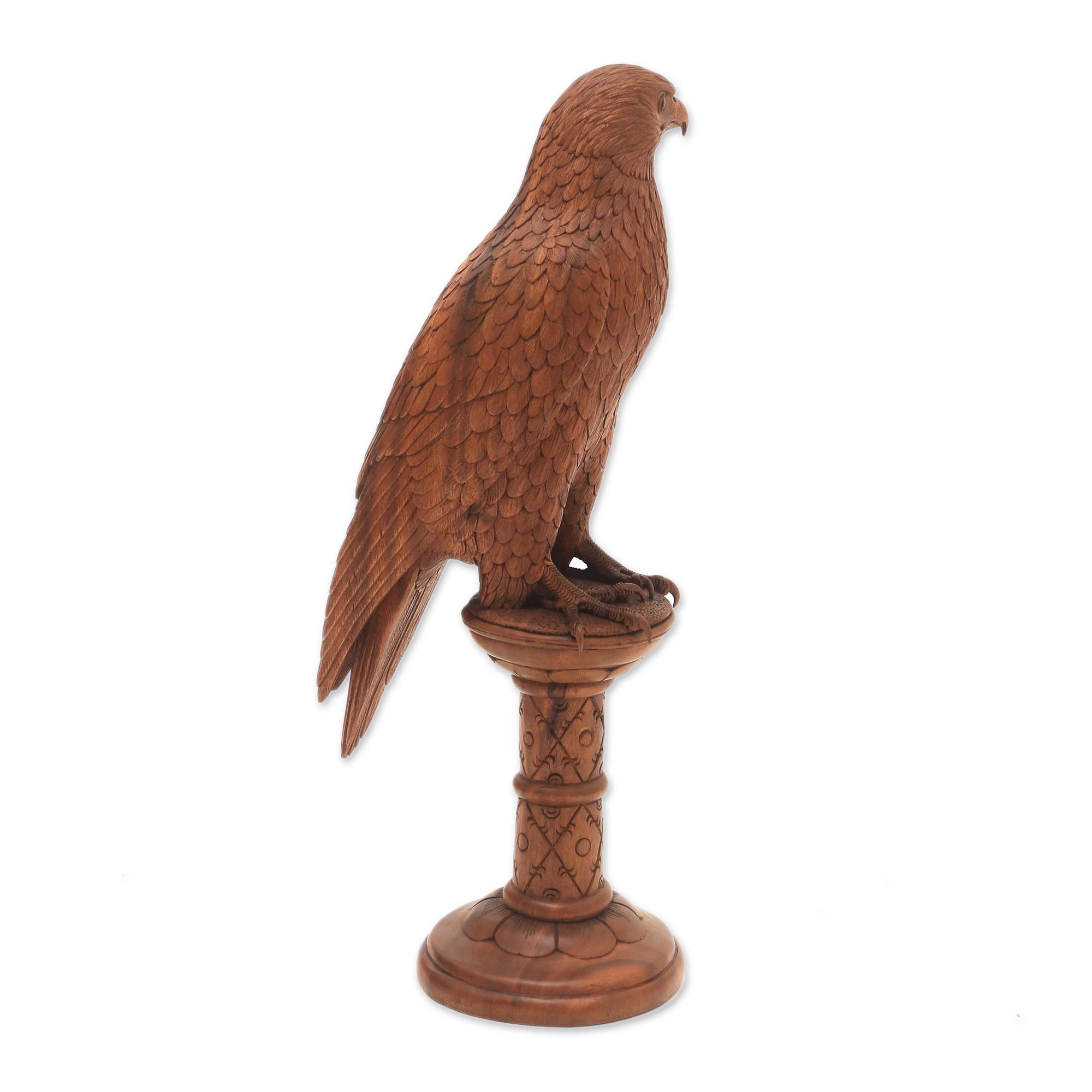 Majestic Suar Wood Falcon Sculpture from Bali - Majestic Falcon | NOVICA