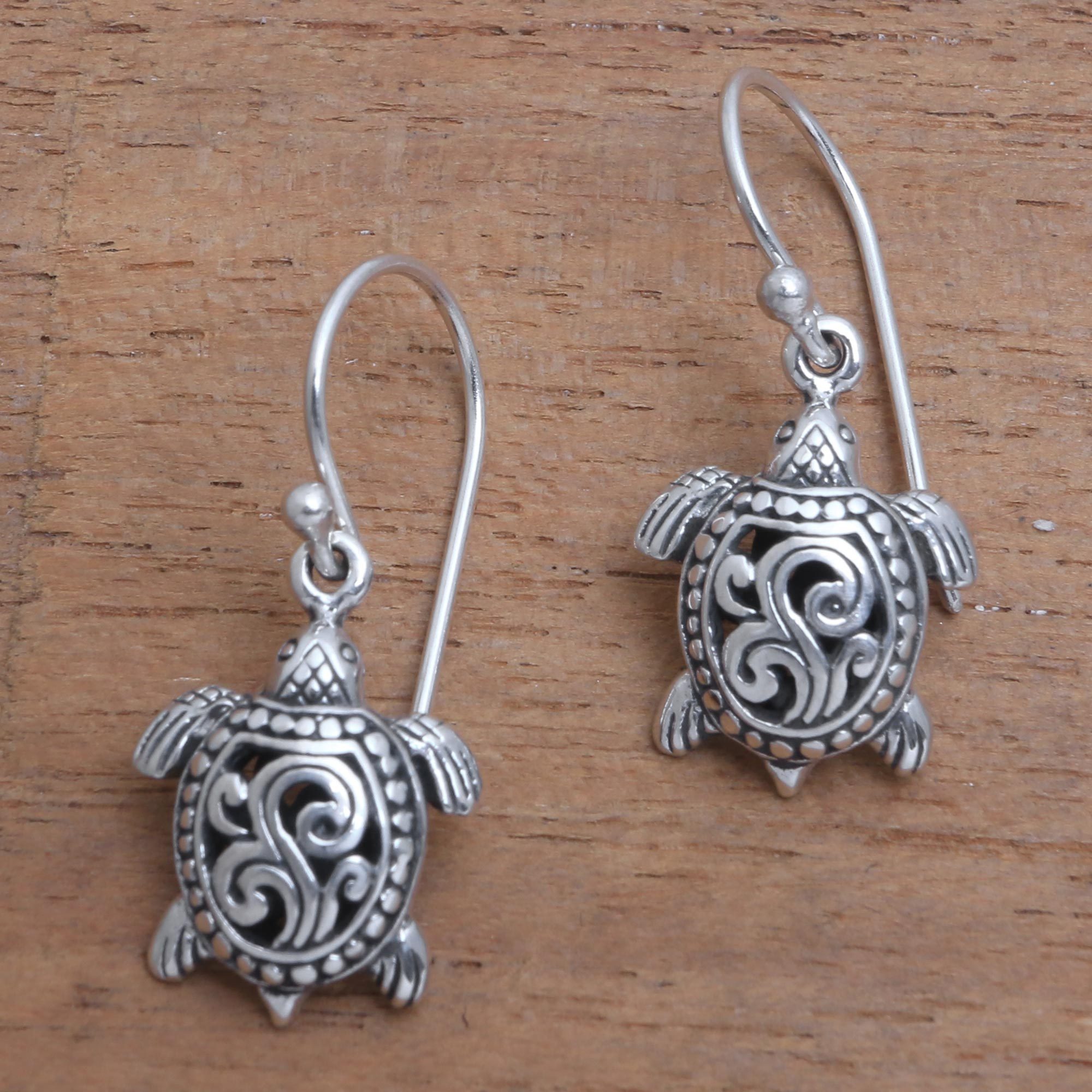 Sterling Silver Sea Turtle Dangle Earrings from Bali - Ancient Turtle ...