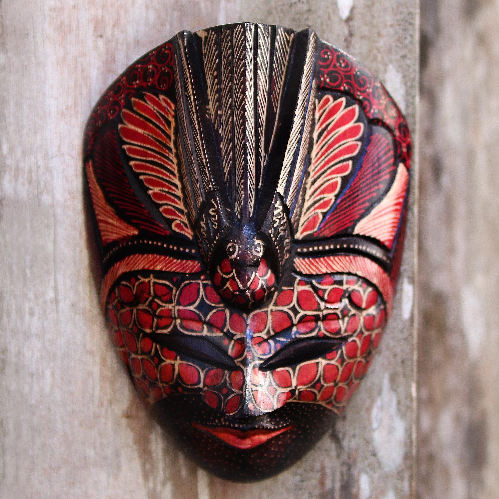 Bird-Themed Batik Wood Mask from Java - Bird Lord | NOVICA