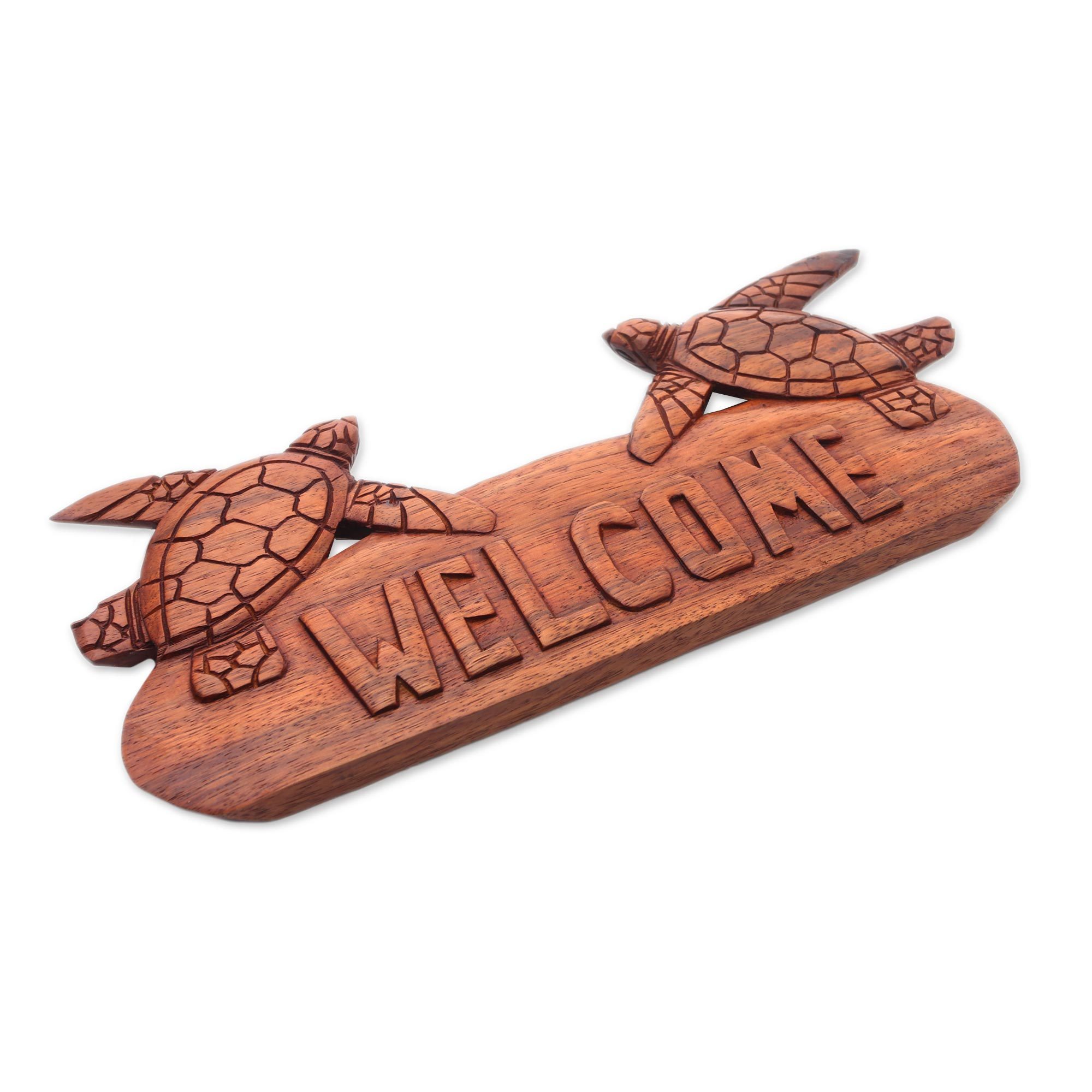 Turtle-Themed Suar Wood Wall Welcome Sign from Bali - Turtle Home | NOVICA