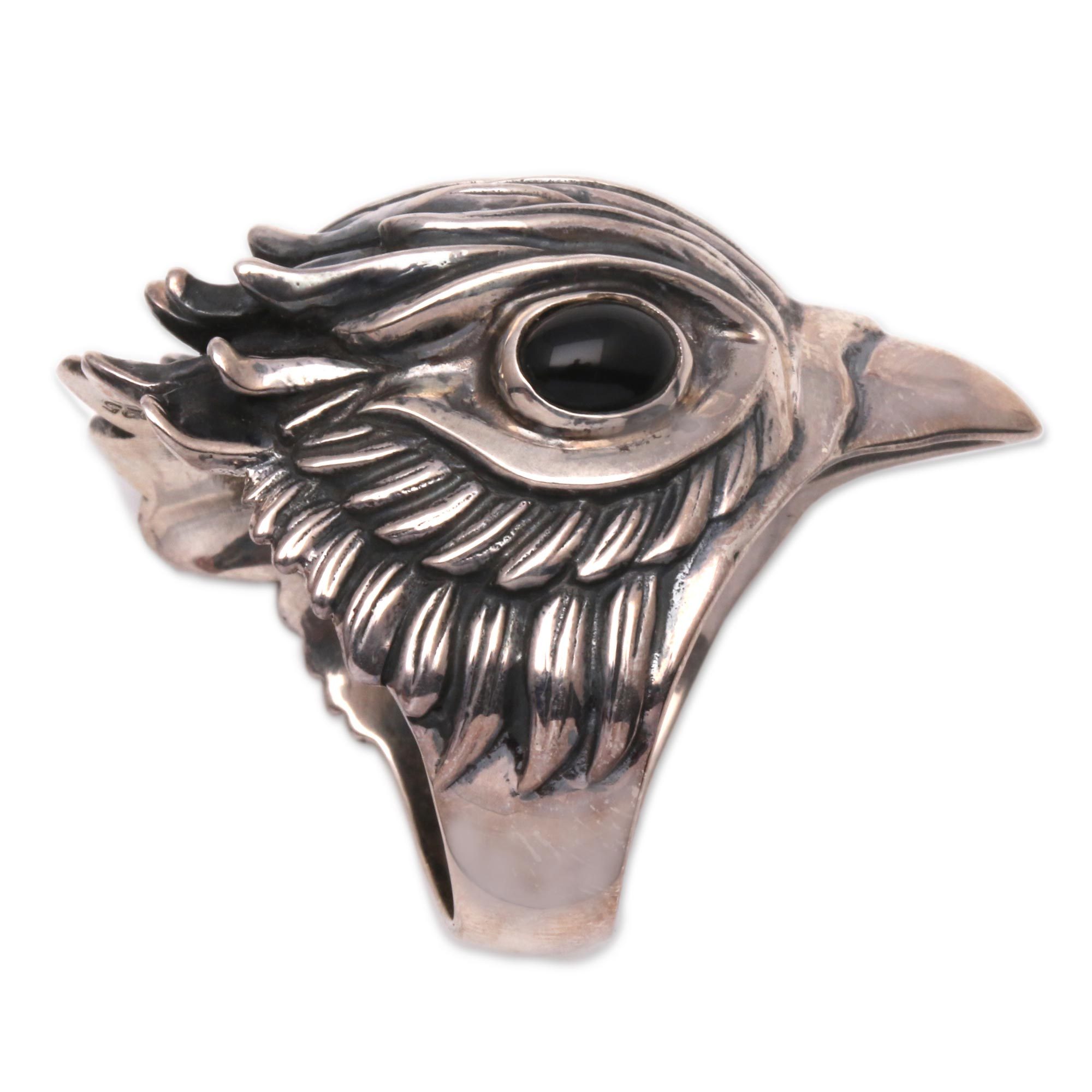 Men's Obsidian and Sterling Silver Hawk Ring from Bali - Sharp Hawk ...
