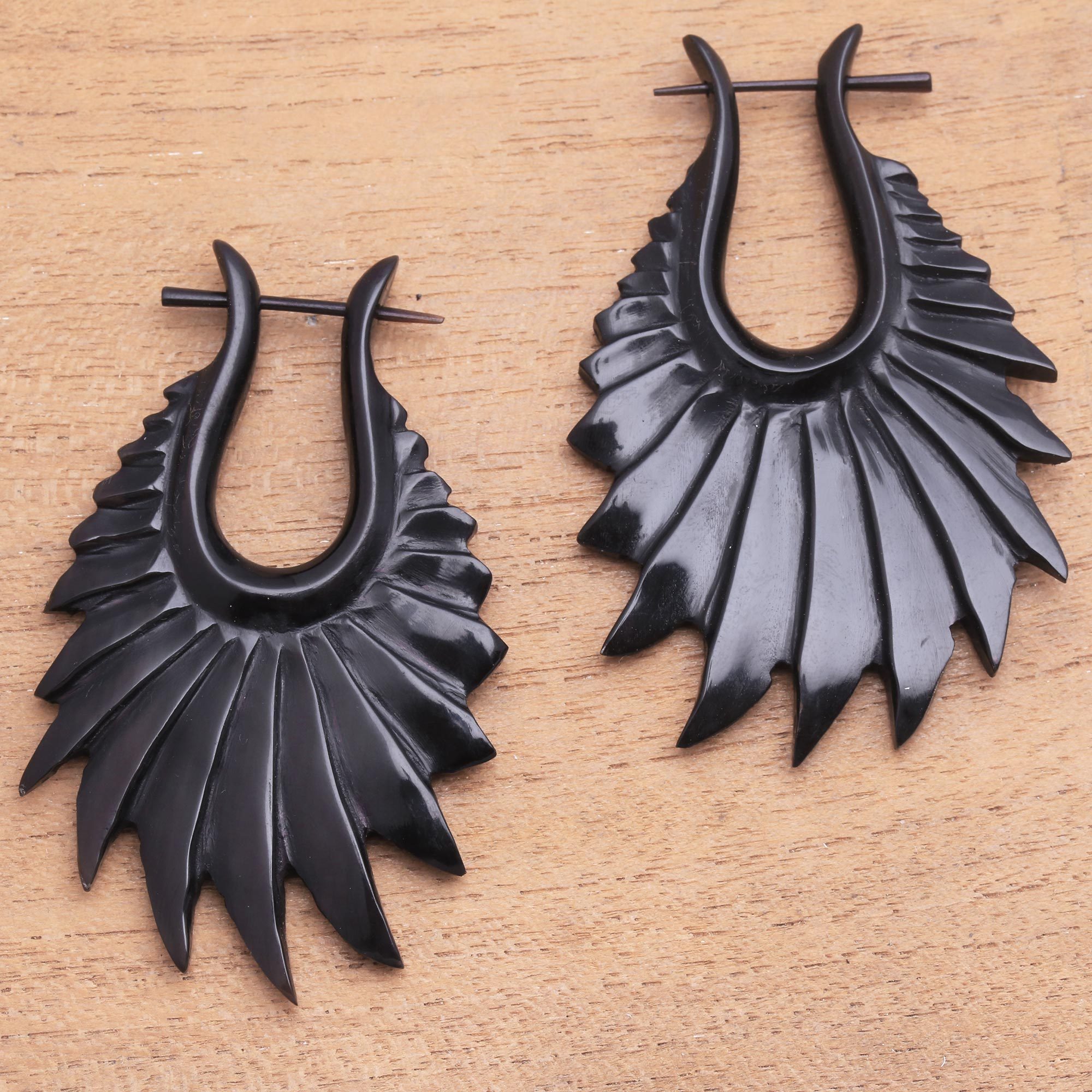 Hand-Carved Frill Pattern Horn Drop Earrings from Bali - Dark Frills ...