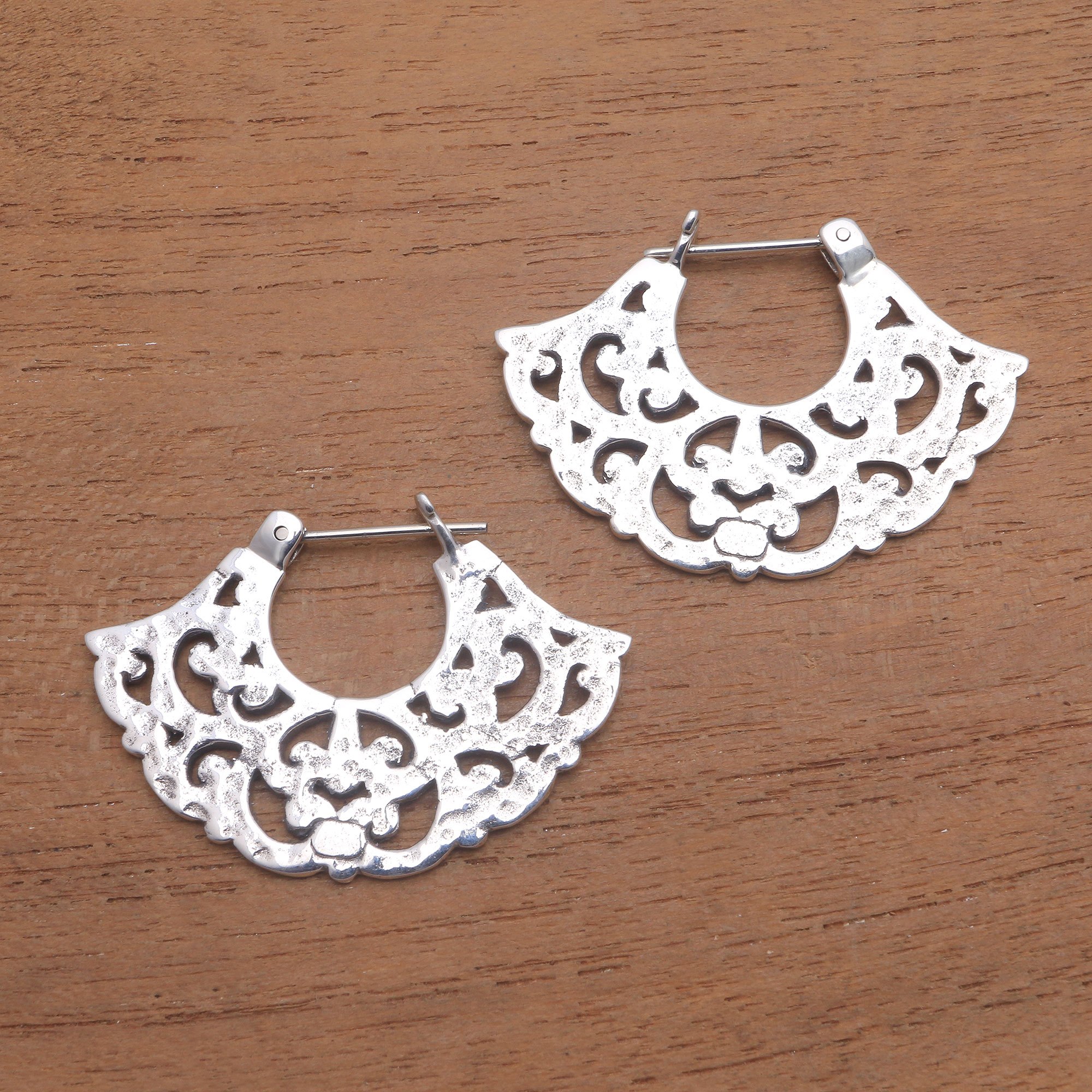 Frilly Sterling Silver Hoop Earrings from Bali - Frilly Fans | NOVICA