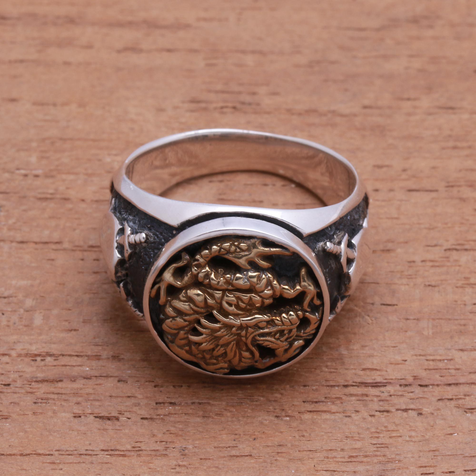 Sterling Silver and Brass Dragon Signet Ring from Bali - Bali Naga | NOVICA