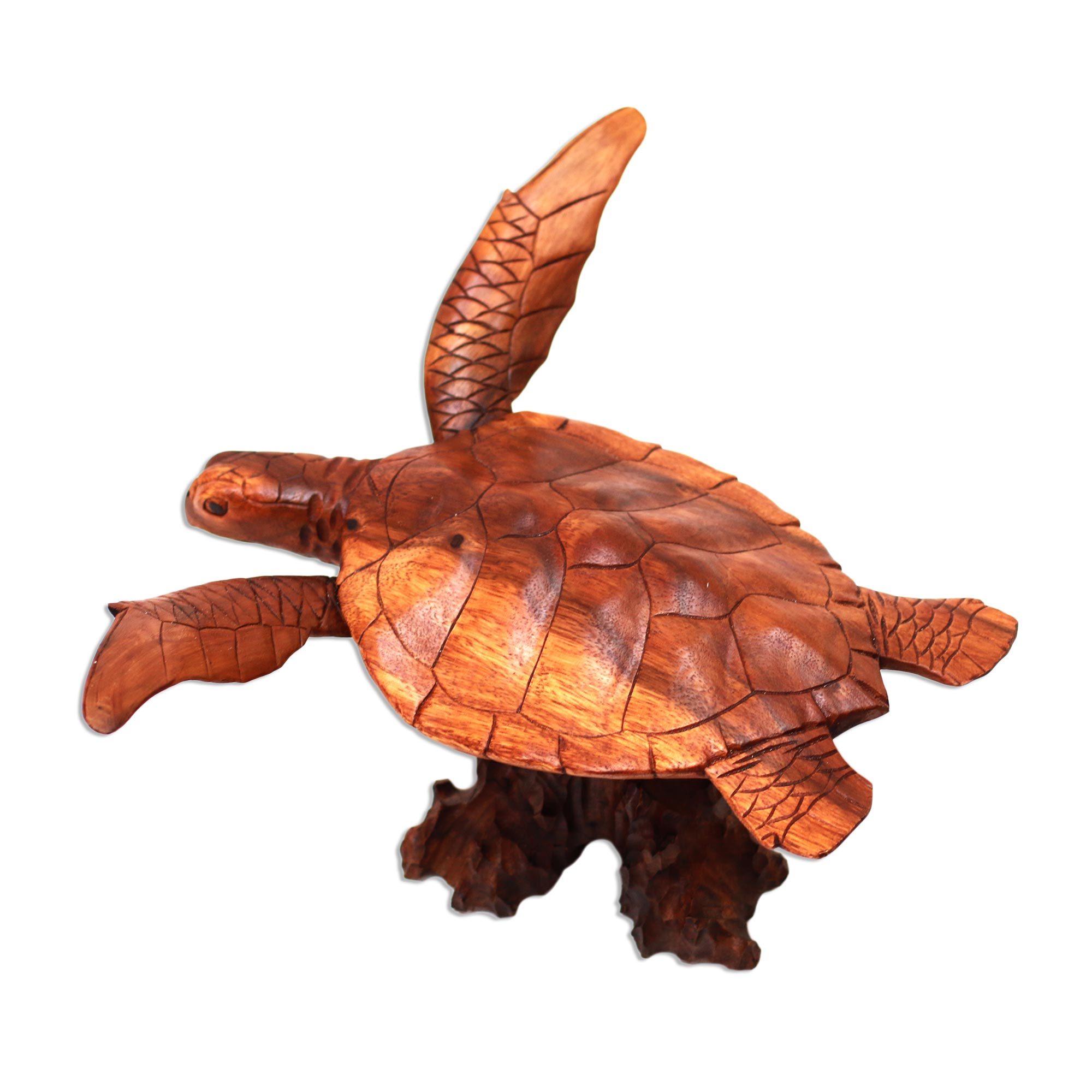 Wood Sea Turtle Sculpture from Bali - Swimming Sea Turtle | NOVICA