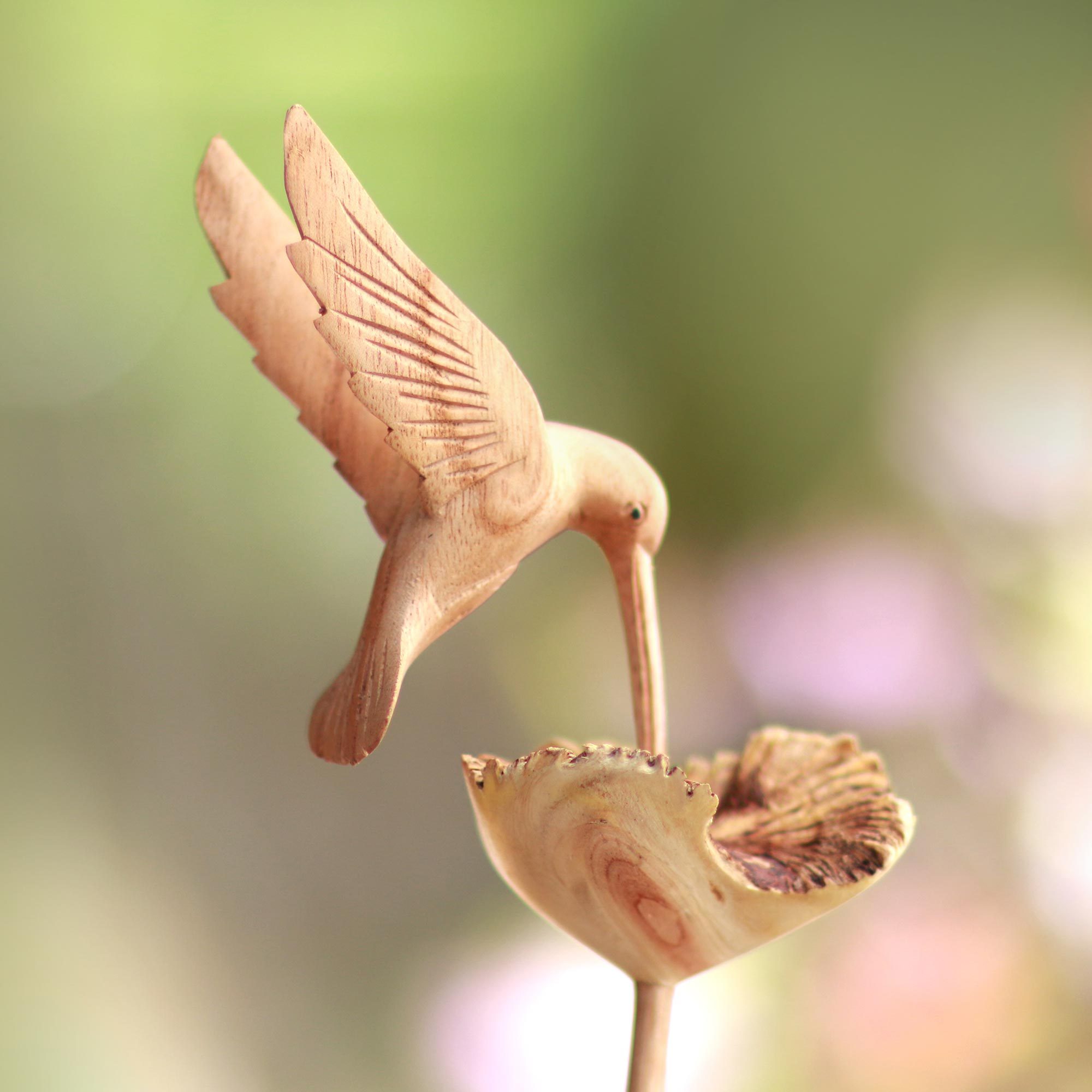 Wood Hummingbird Sculpture Crafted in Bali - Sipping Hummingbird | NOVICA