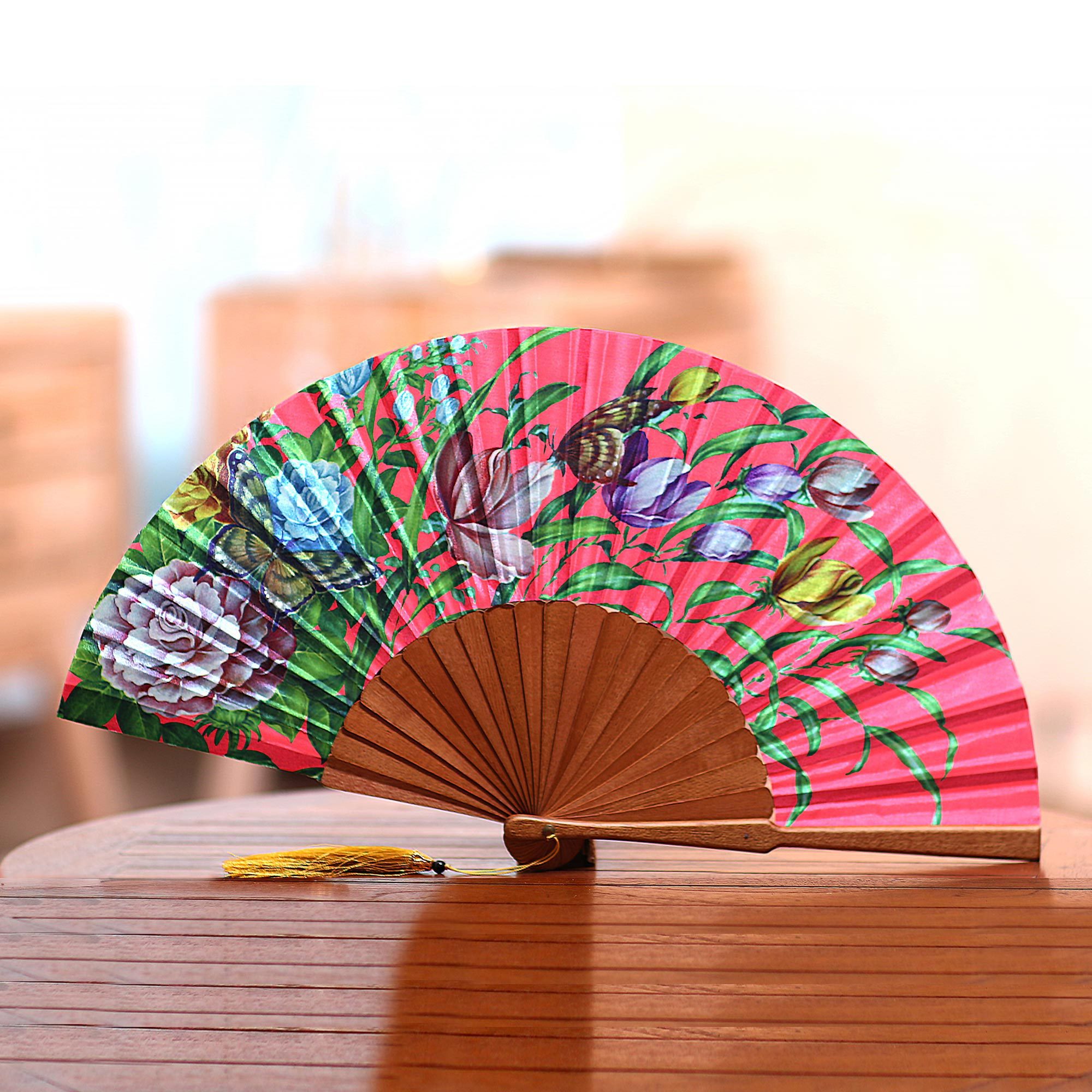 Floral Silk Hand Fan in Strawberry from Bali - Passionate Garden | NOVICA